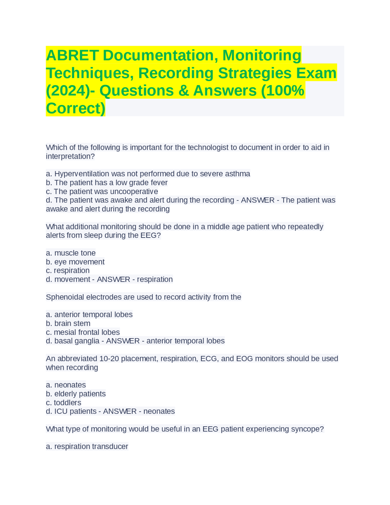 ABRET Documentation, Monitoring Techniques, Recording Strategies Exam ...
