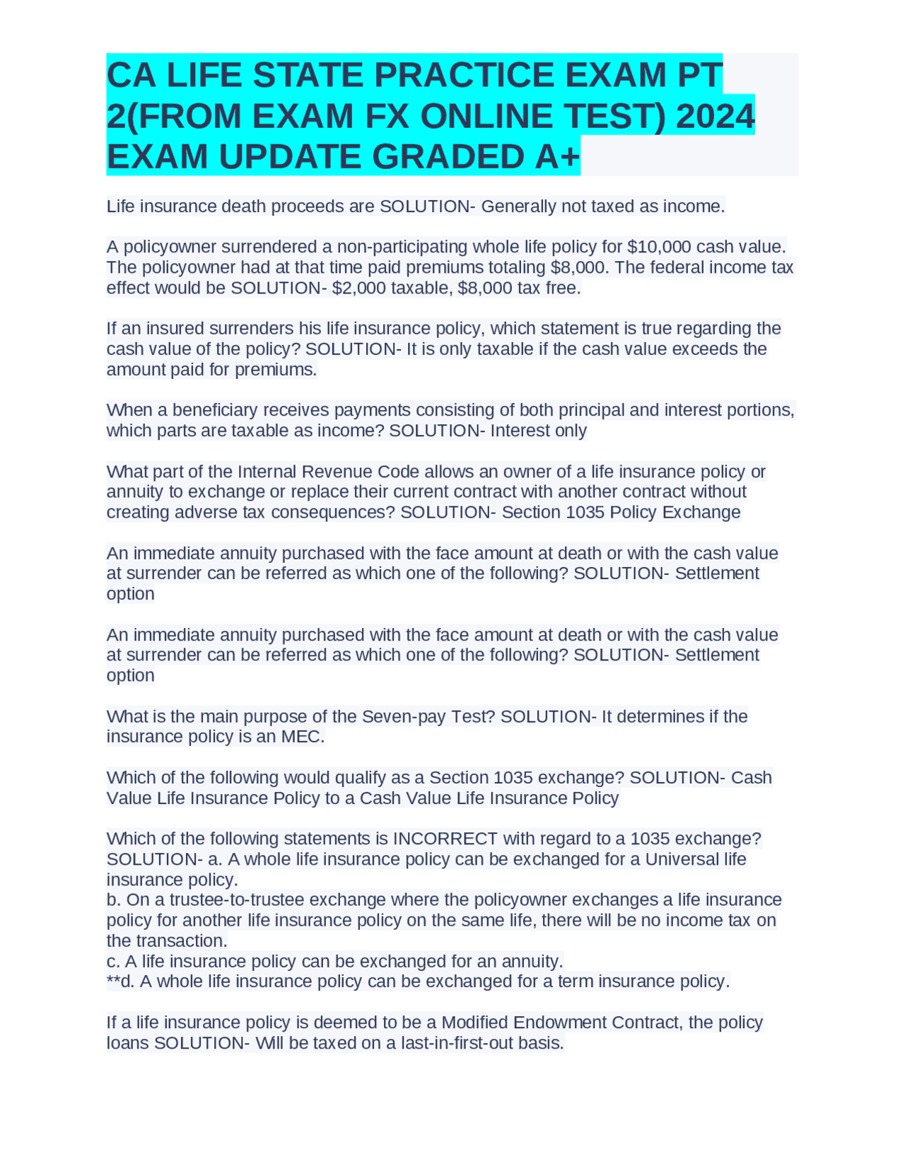 CA LIFE STATE PRACTICE EXAM PT 2(FROM EXAM FX ONLINE TEST) 2024 EXAM ...