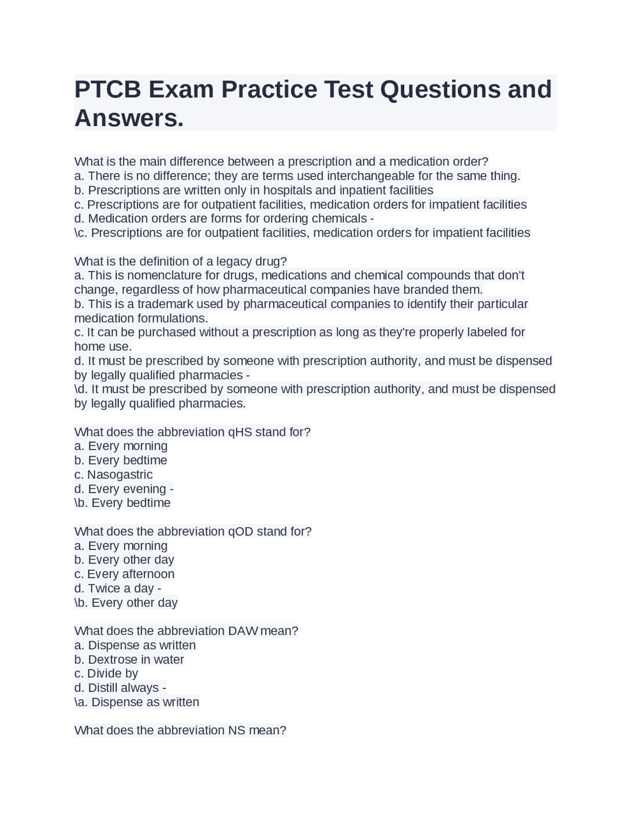 PTCB Exam Practice Test Questions and Answers. | Exams Medicine | Docsity