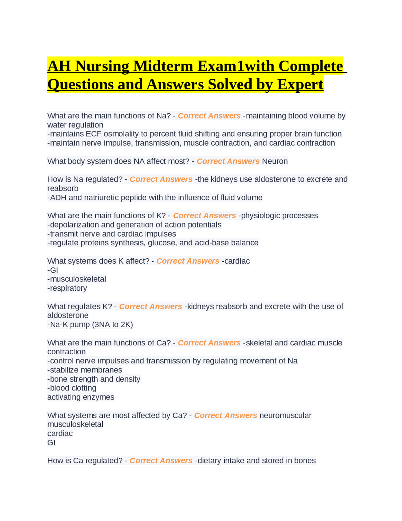 AH Nursing Midterm Exam1with Complete Questions and Answers Solved by ...