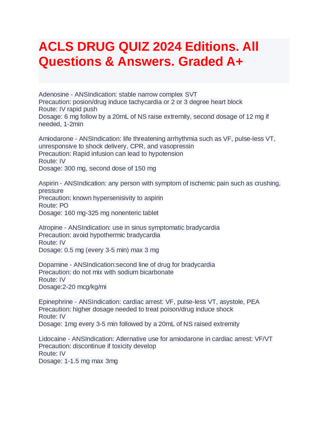 ACLS DRUG QUIZ 2024 Editions. All Questions & Answers. Graded A+ ...