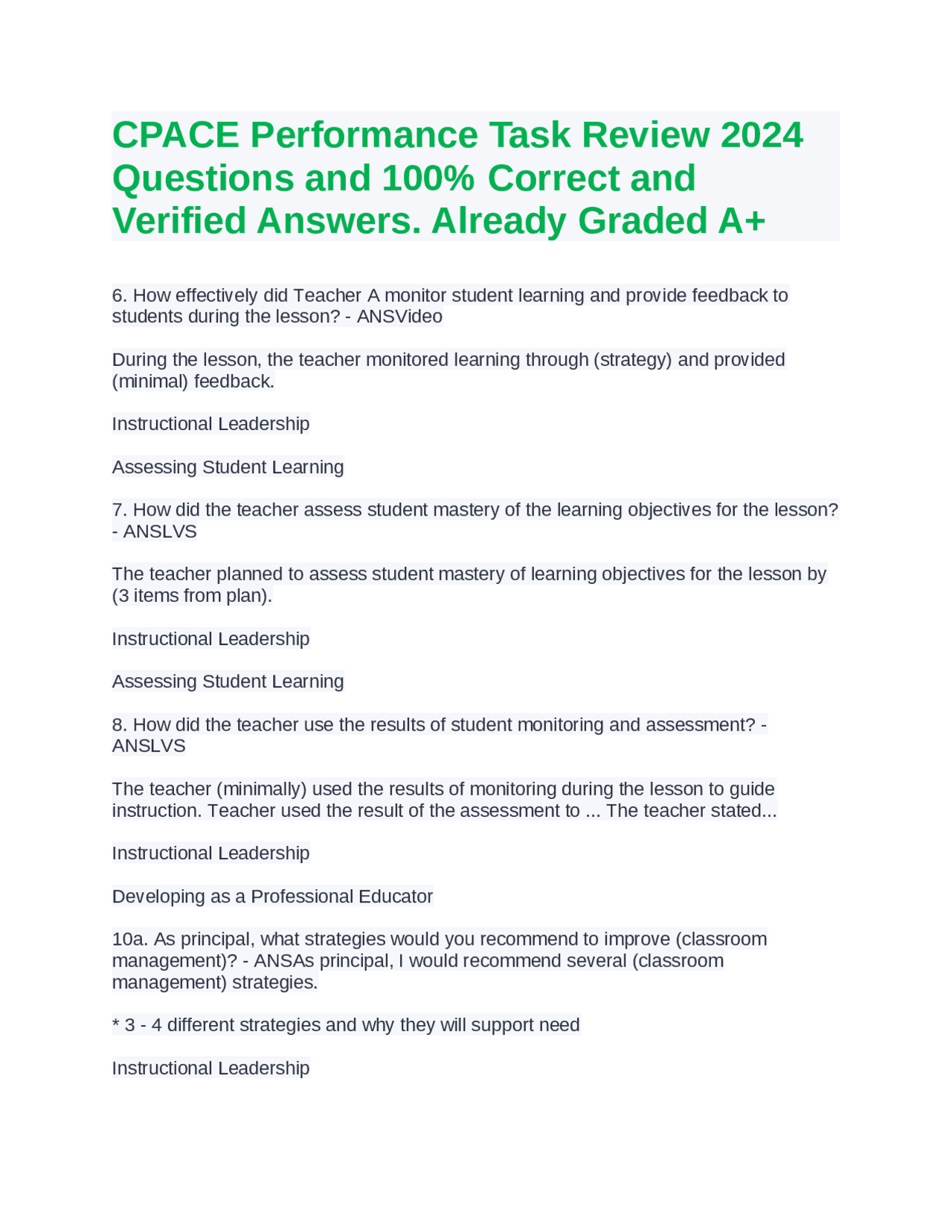 CPACE Performance Task Review 2024 Questions & 100% Correct & Verified ...