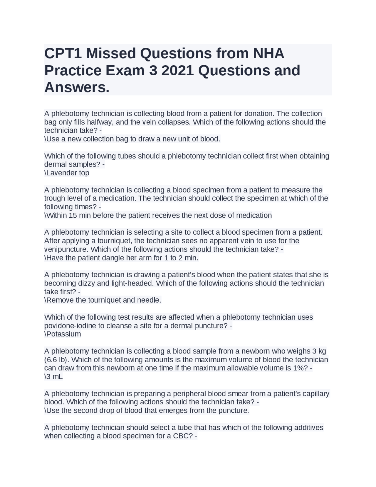 CPT1 Missed Questions from NHA Practice Exam 3 2021 Questions and ...