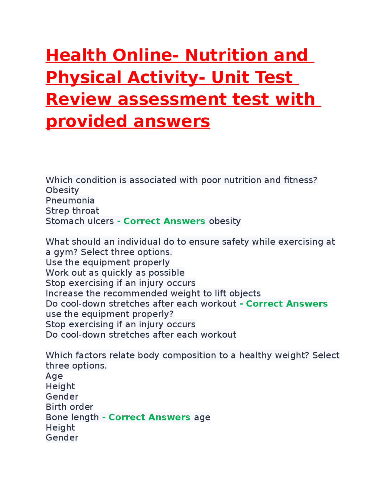 Health Online- Nutrition and Physical Activity- Unit Test Review ...