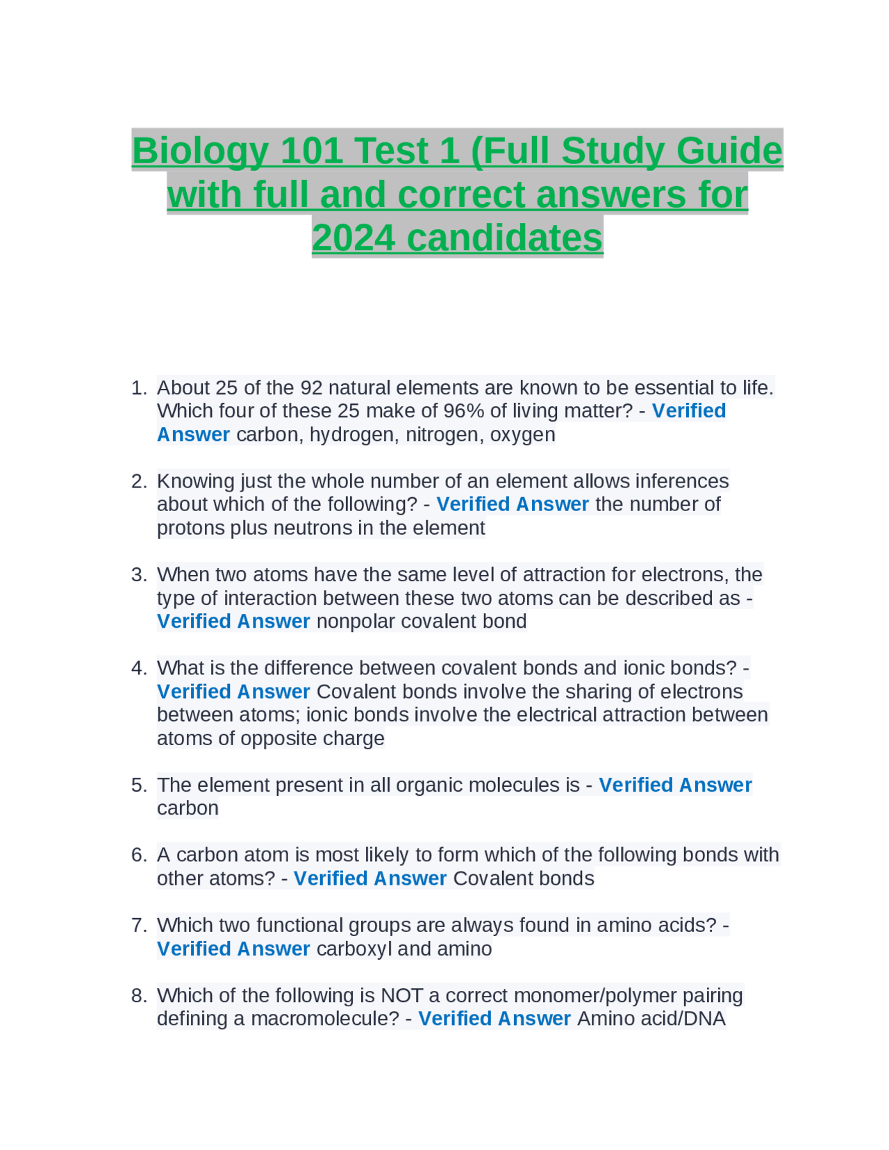 Biology 101 Test 1 (Full Study Guide with full and correct answers for ...