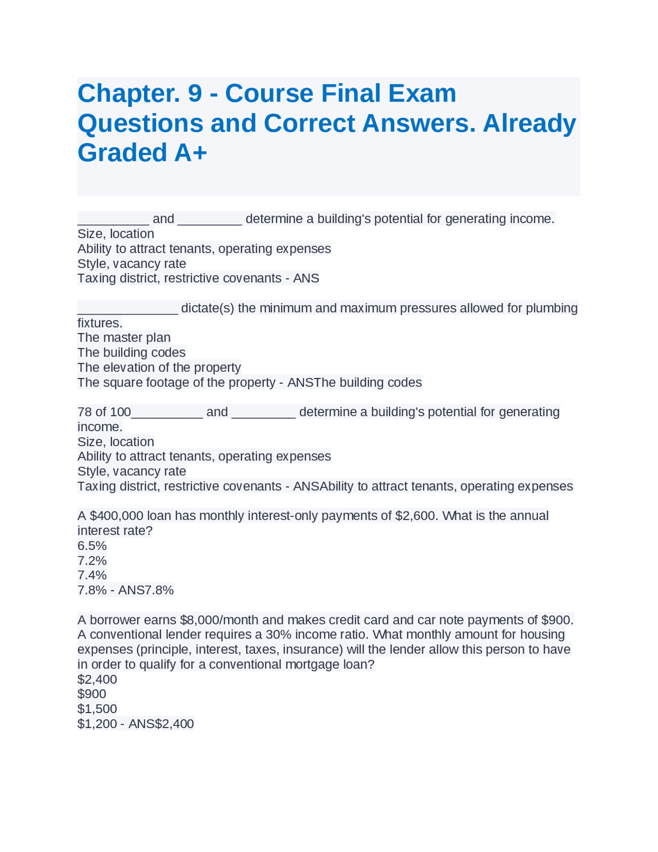 Chapter. 9 - Course Final Exam Questions and Correct Answers. Already ...