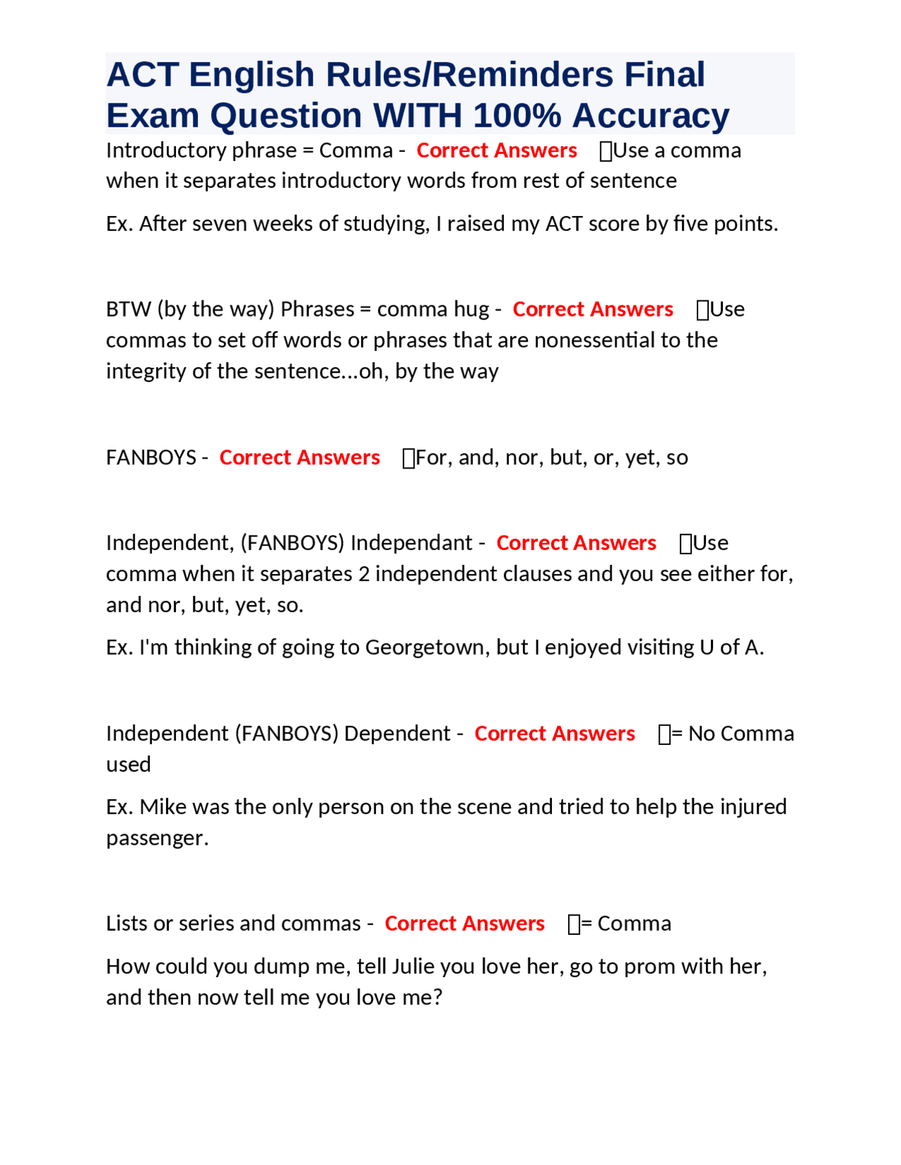 ACT English Grammar Rules and Reminders | Exams Nursing | Docsity