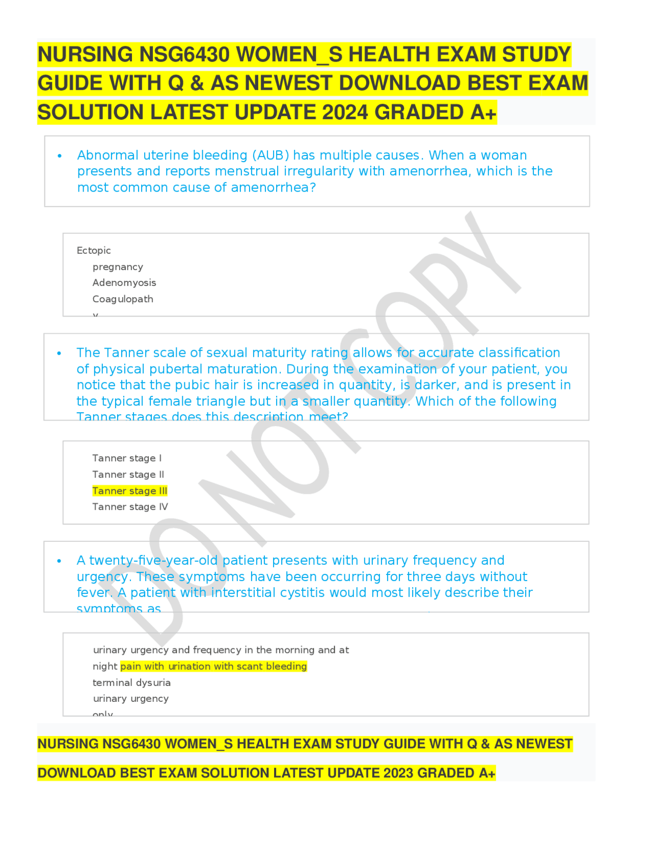 NURSING NSG6430 WOMEN_S HEALTH EXAM STUDY GUIDE WITH Q & AS NEWEST DOWNLOAD BEST EXAM SOLU ...