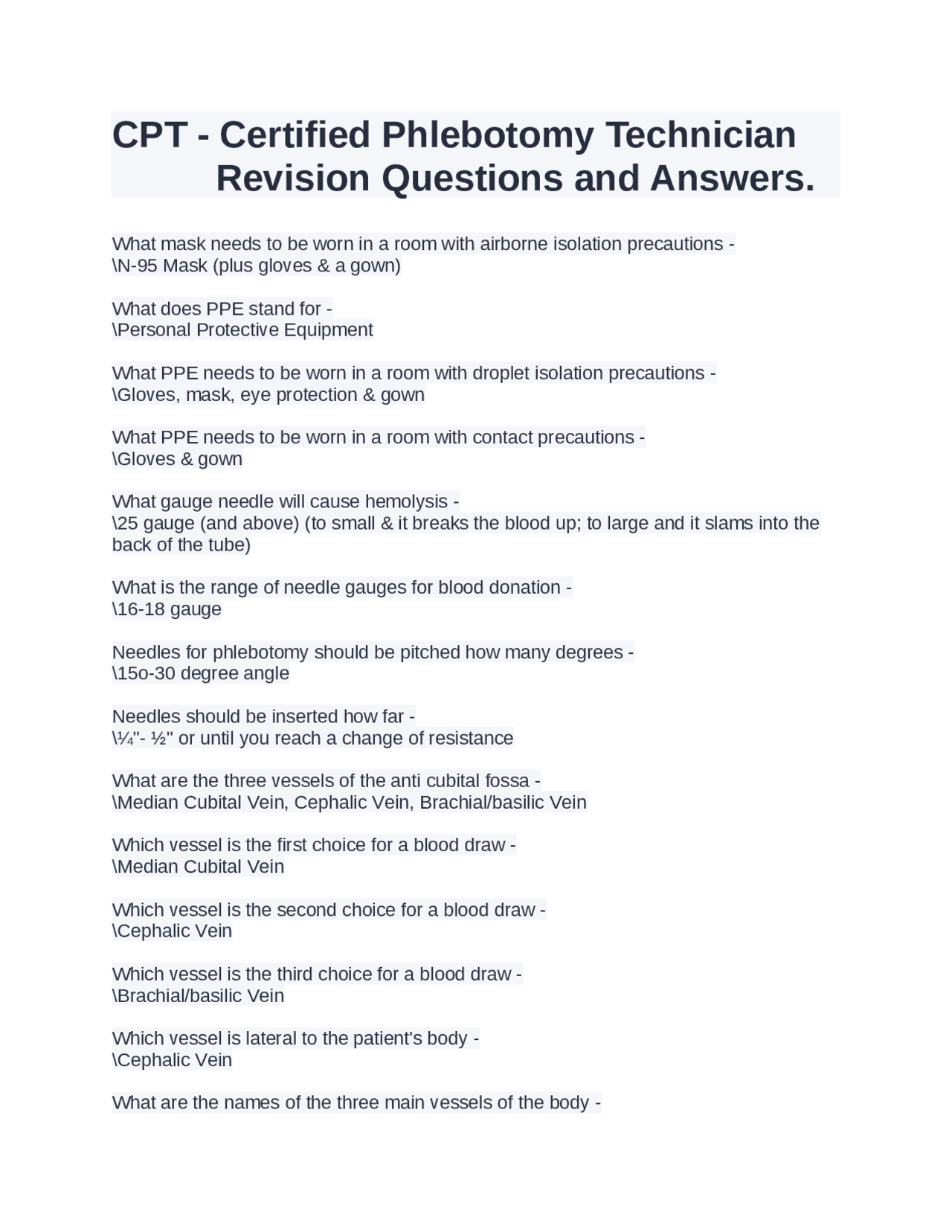 CPT - Certified Phlebotomy Technician Revision Questions and Answers ...