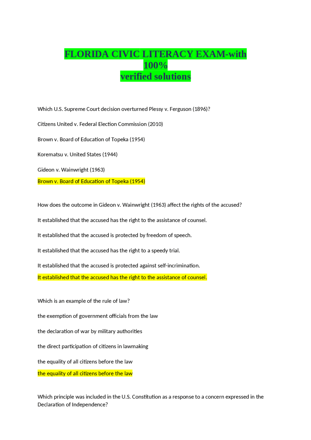 FLORIDA CIVIC LITERACY EXAM-with 100 verified solutions.docx | Exams ...