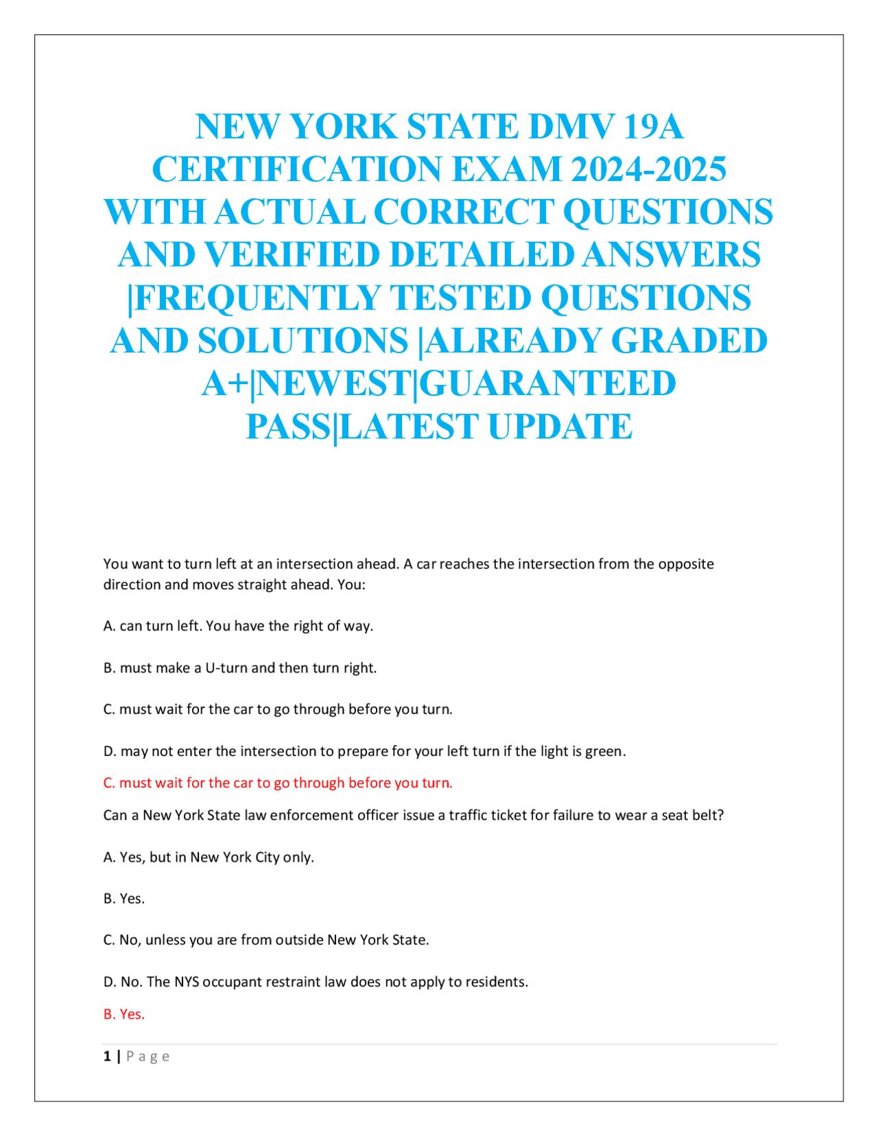 NEW YORK STATE DMV 19A CERTIFICATION EXAM 2024-2025 WITH ACTUAL CORRECT ...