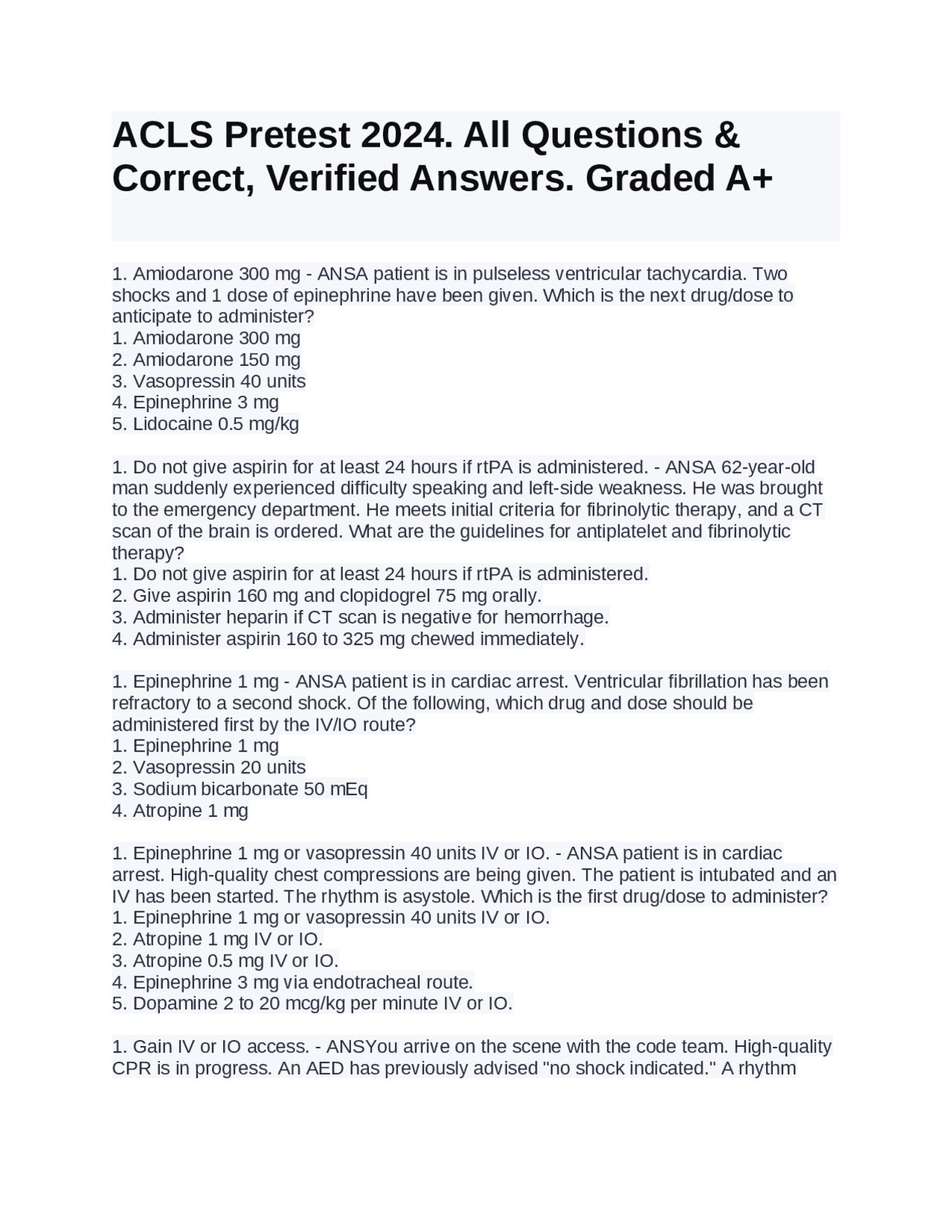 ACLS Pretest 2024. All Questions & Correct, Verified Answers. Graded A+ ...