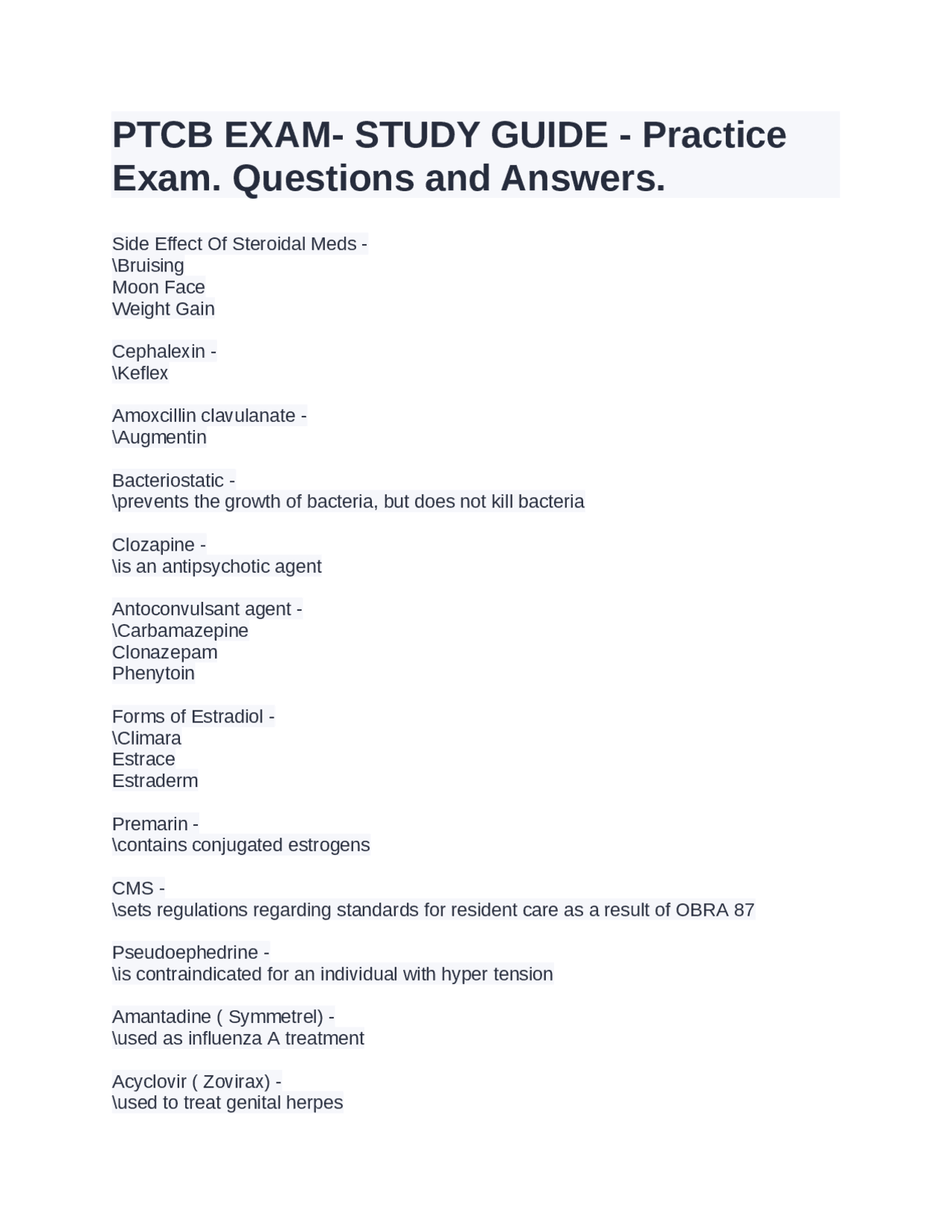 PTCB EXAM- STUDY GUIDE - Practice Exam. Questions and Answers. | Exams ...