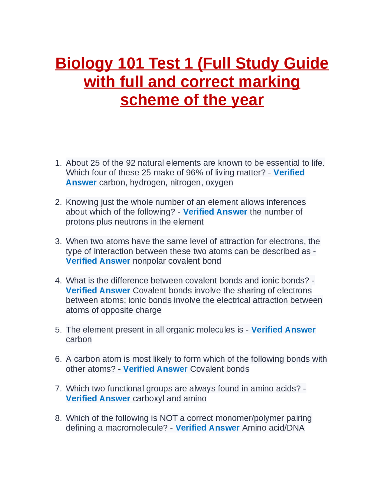 Biology 101 Test 1 (Full Study Guide with full and correct marking ...