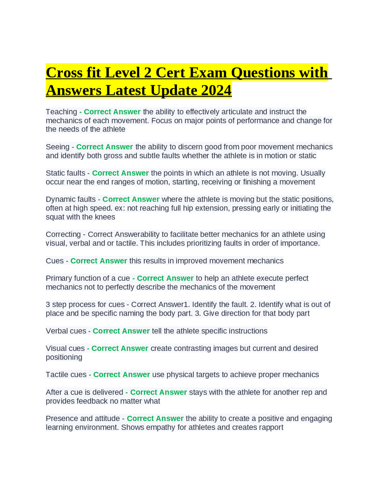 Cross fit Level 2 Cert Exam Questions with Answers Latest Update 2024 ...