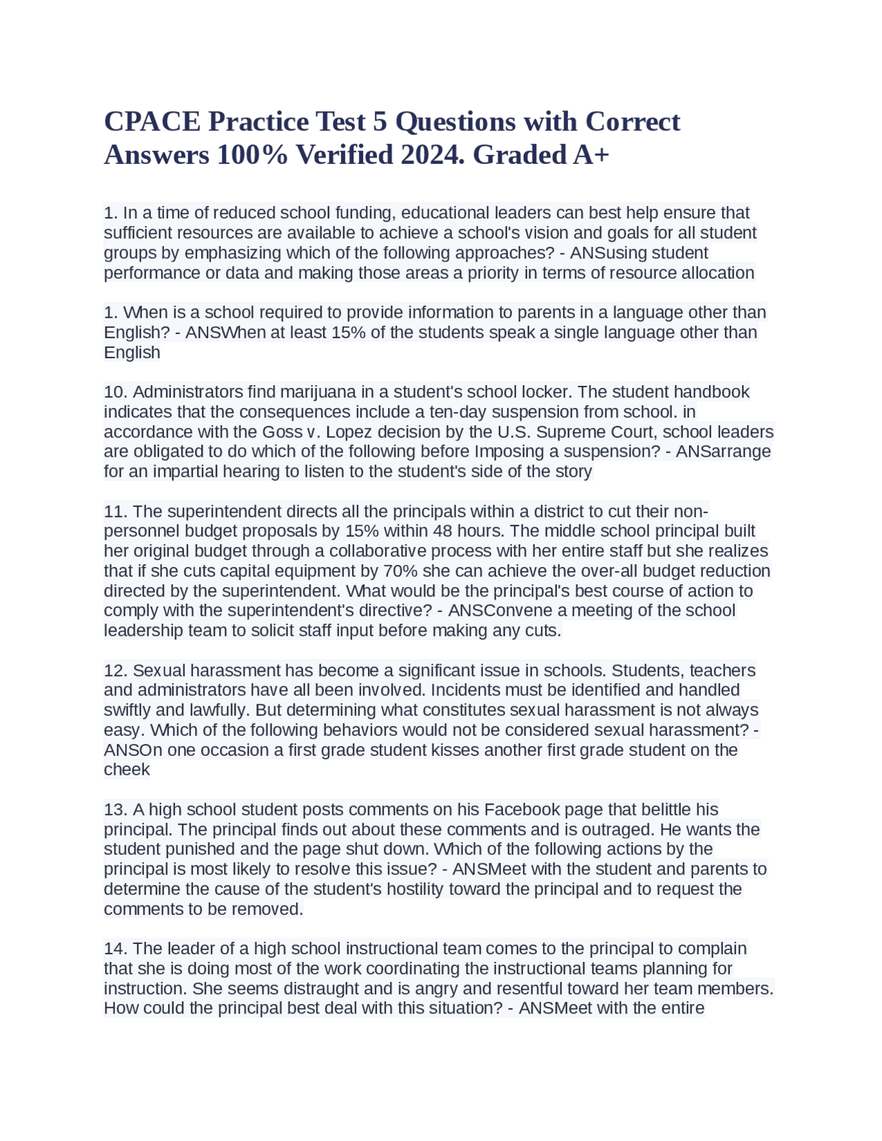 CPACE Practice Test 5 Questions with Correct Answers 100% Verified 2024 ...