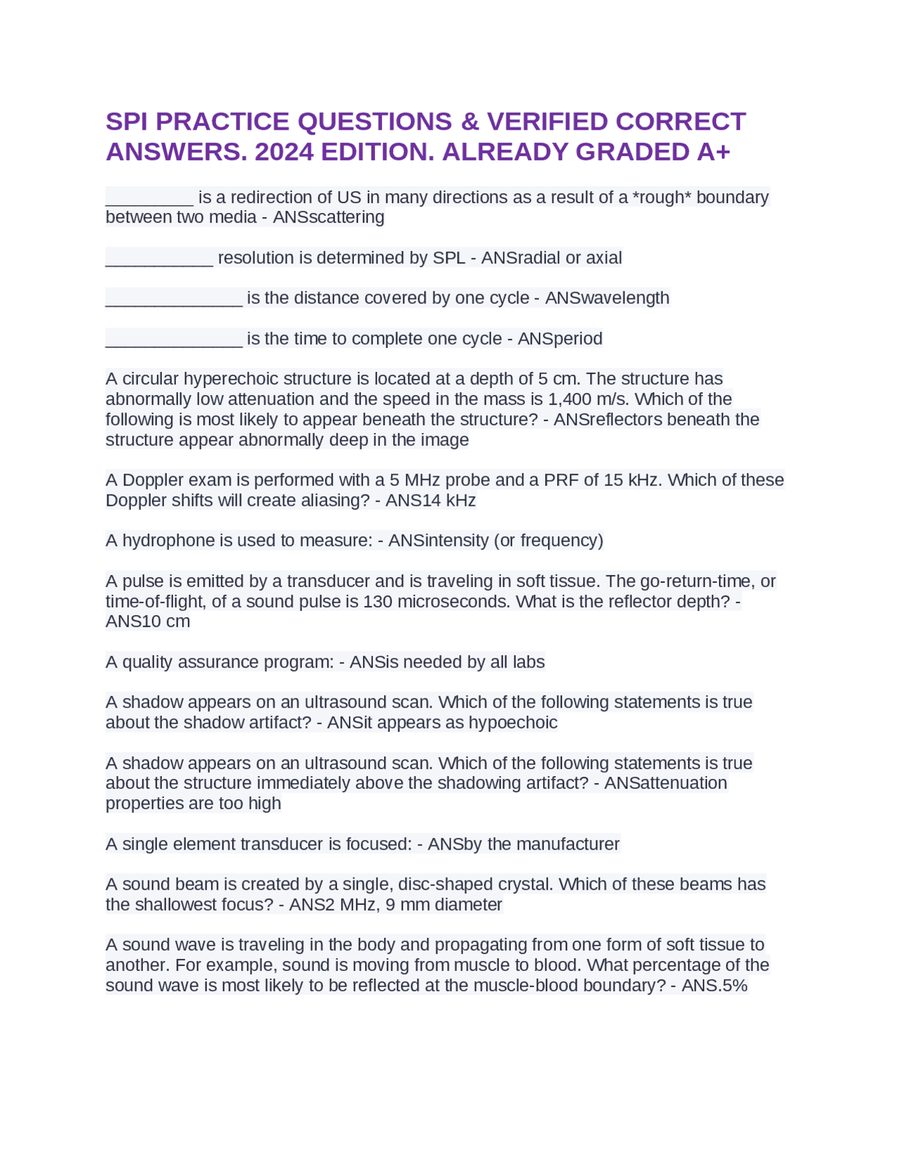 SPI PRACTICE QUESTIONS & VERIFIED CORRECT ANSWERS. 2024 EDITION ...