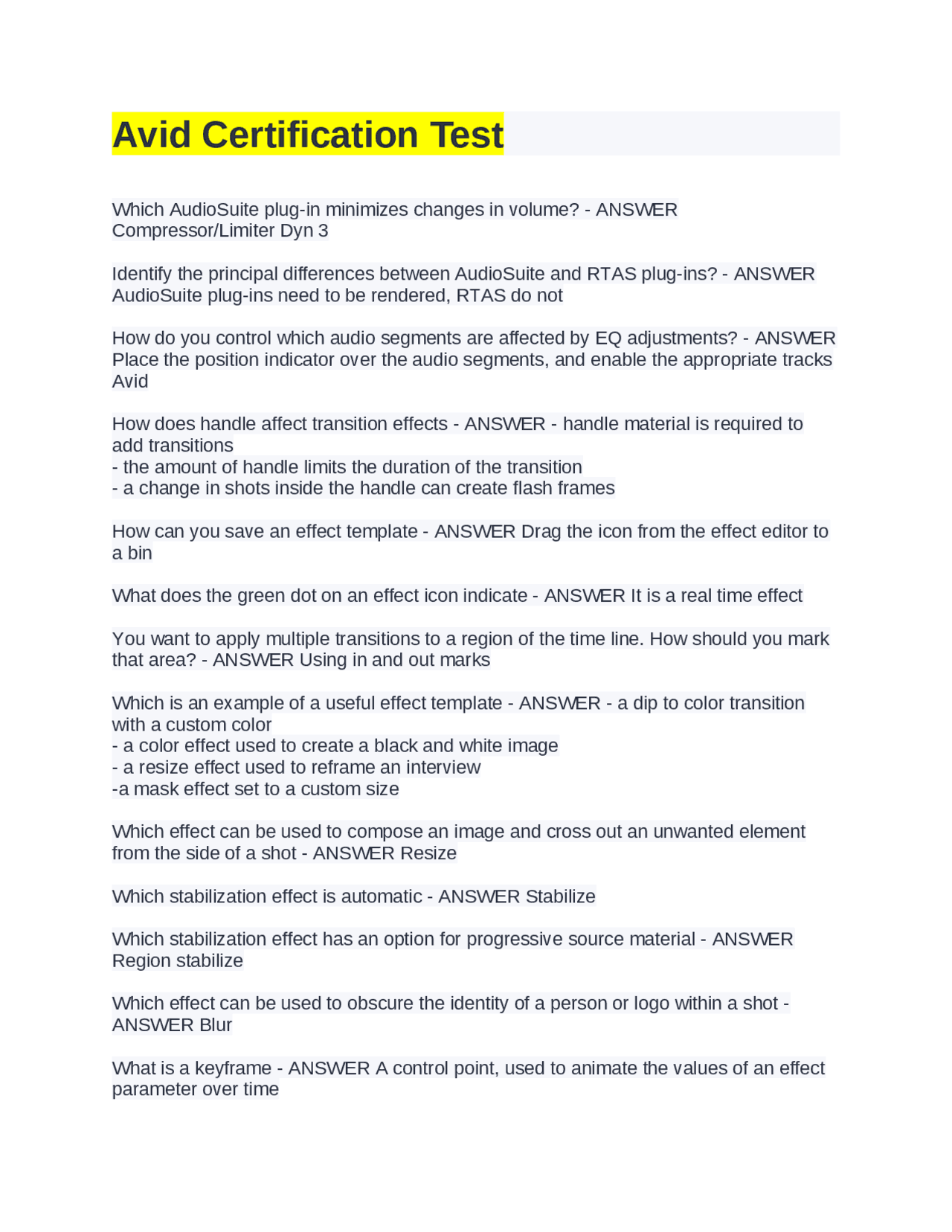 Avid Certification Test | Exams Media Management | Docsity