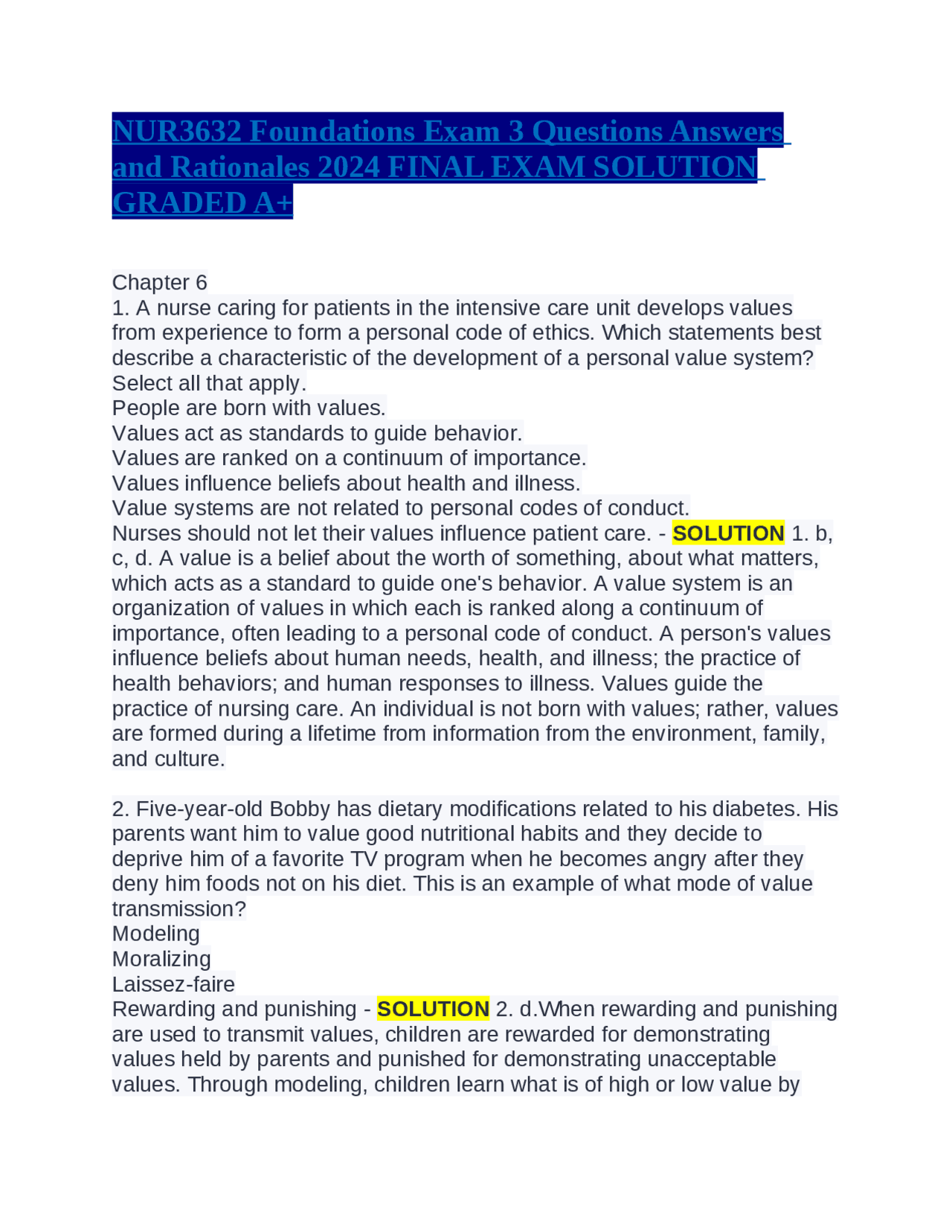NUR3632 Foundations Exam 3 Questions Answers and Rationales 2024 FINAL EXAM SOLUTION GRADE ...