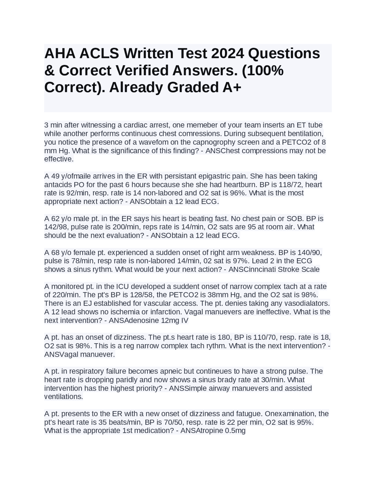 AHA ACLS Written Test 2024 Questions & Correct Verified Answers. (100% ...