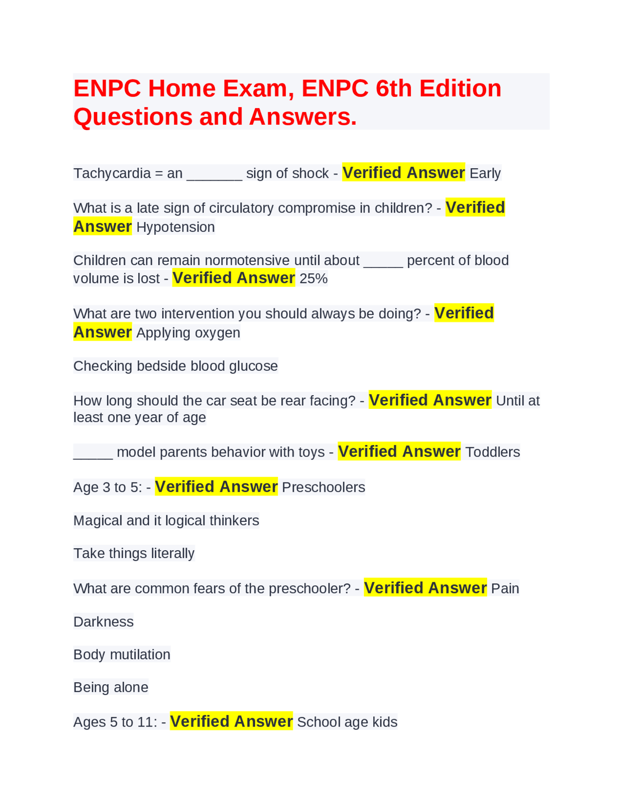 ENPC Home Exam, ENPC 6th Edition Questions and Answers. | Exams Nursing ...