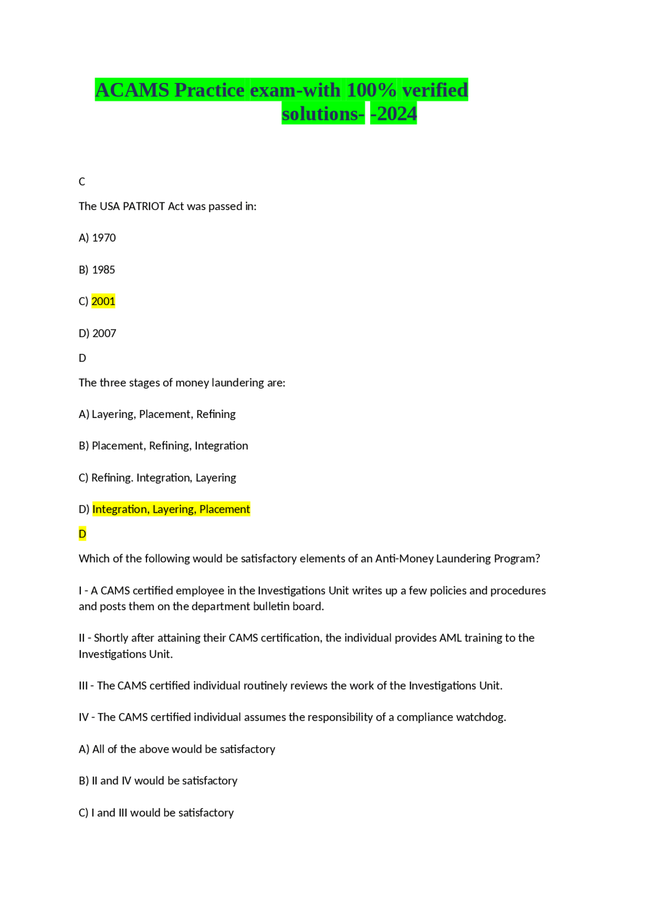ACAMS Practice exam-with 100 verified solutions-2023-2024.docx | Exams ...