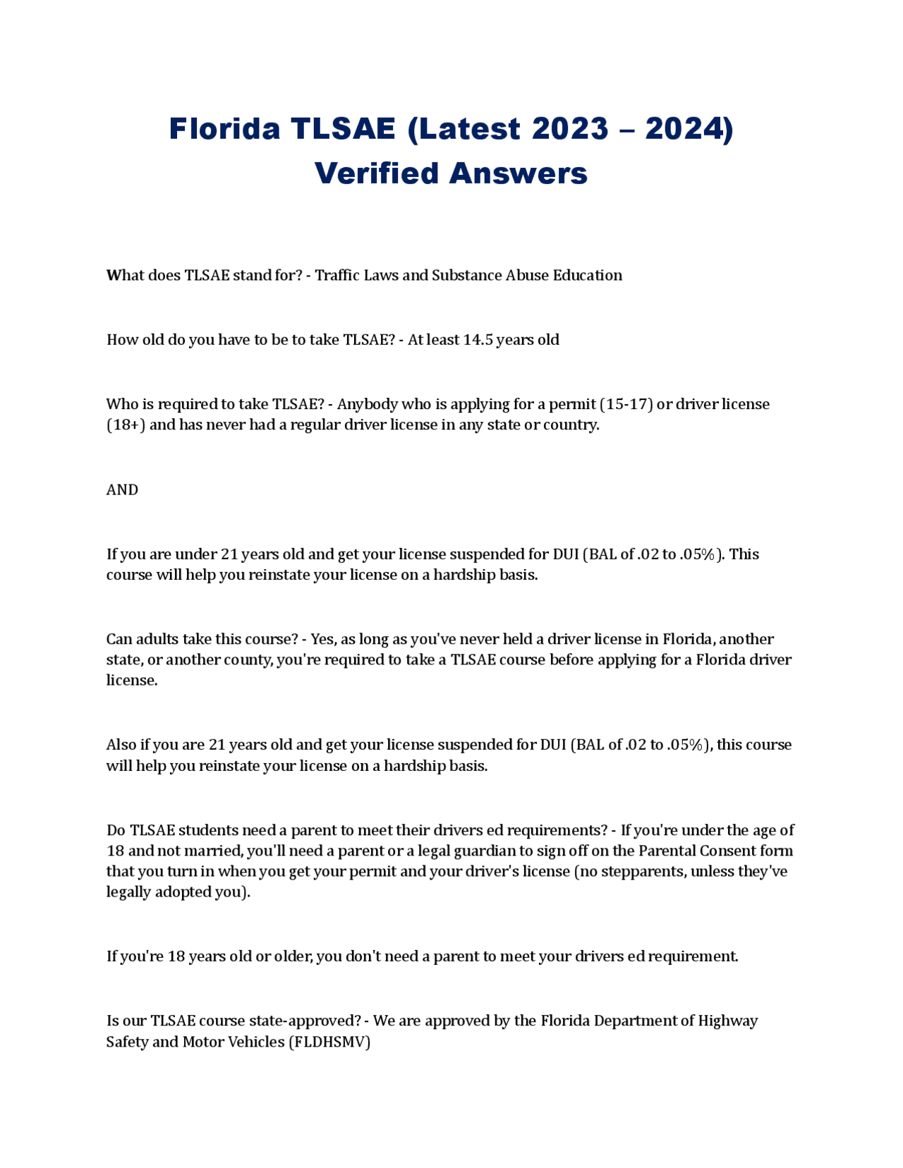 Florida Tlsae Latest 2023 2024 Verified Answers Exams Law Docsity