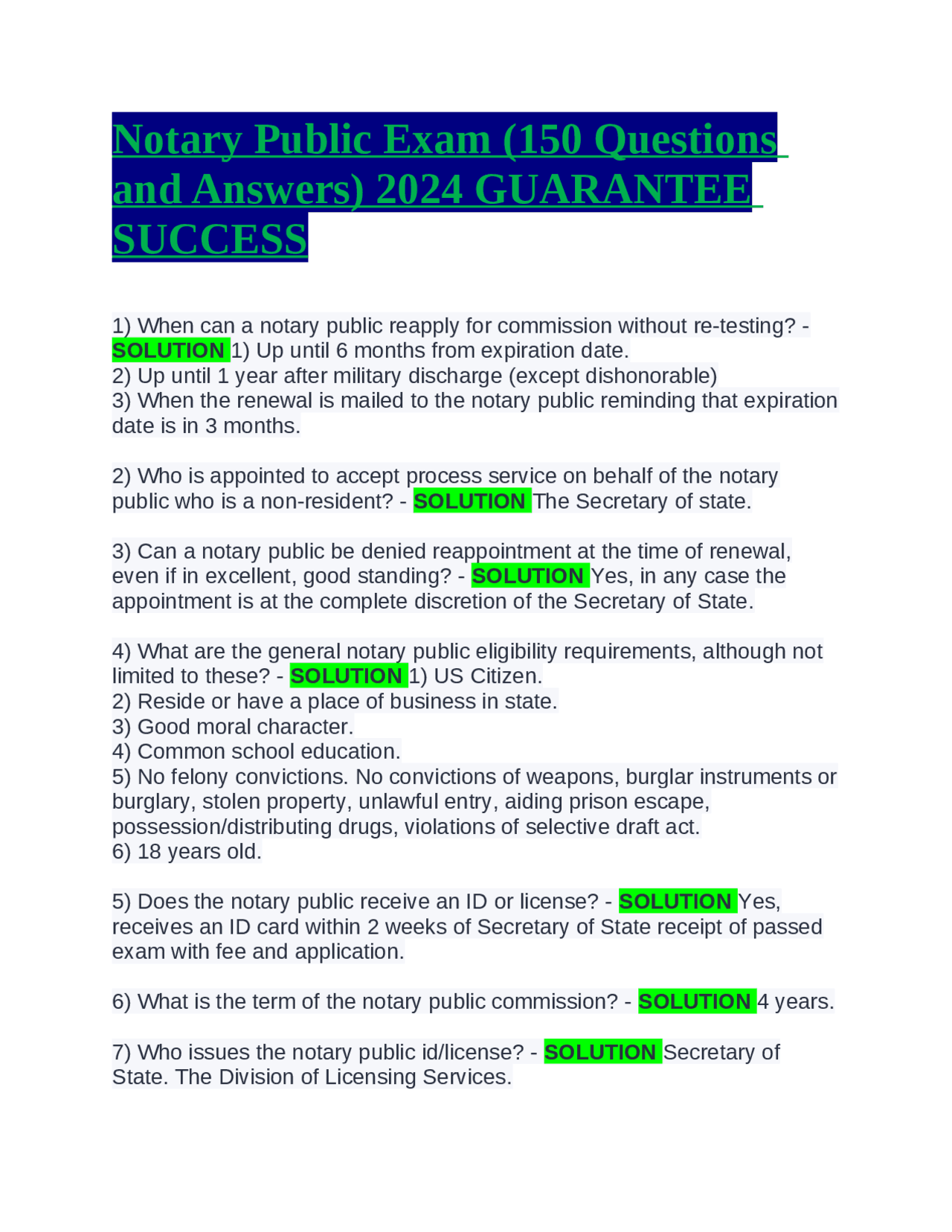 Notary Public Exam (150 Questions and Answers) 2024 GUARANTEE SUCCESS ...