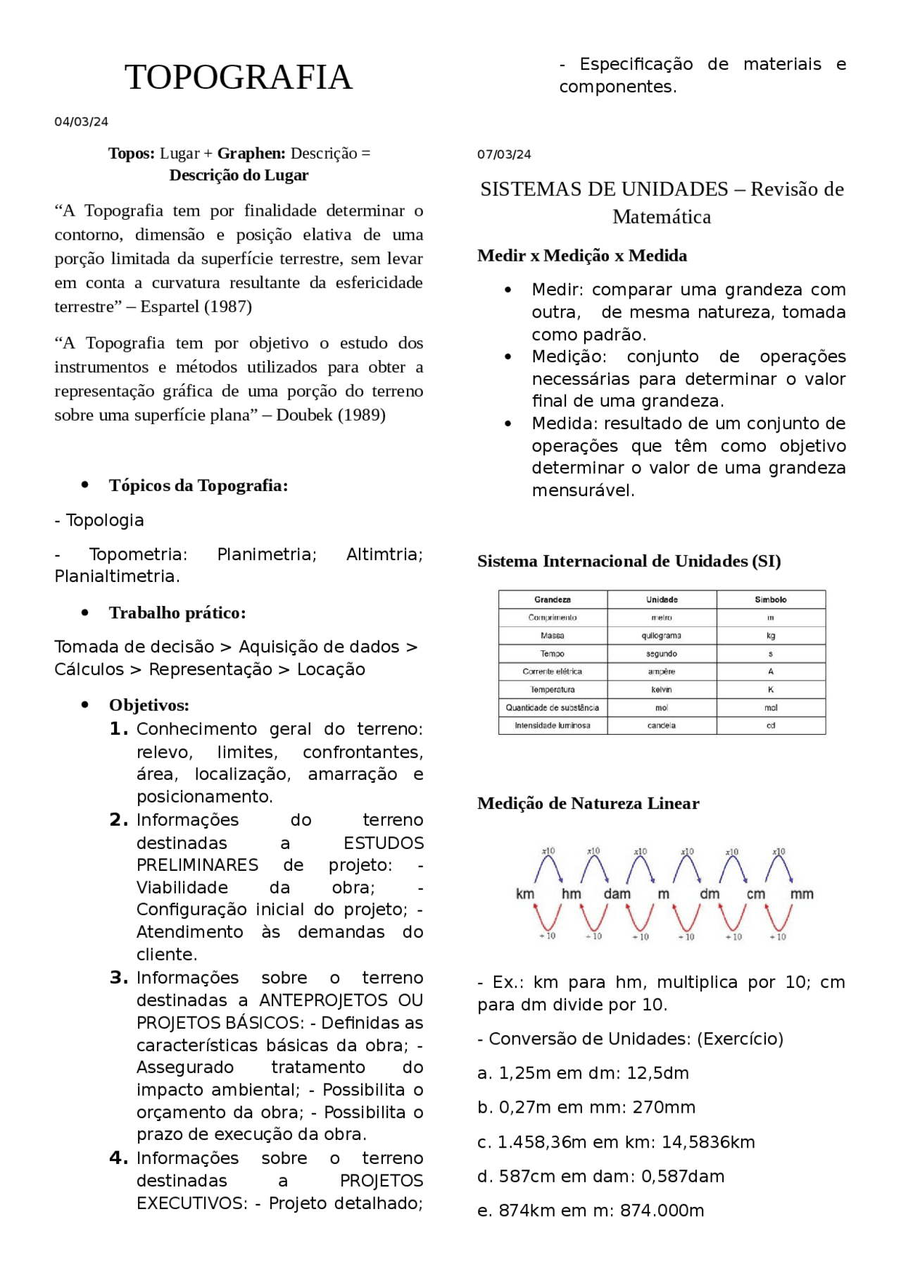 Resumo Aulas de Topografia | Resumos Topografia | Docsity