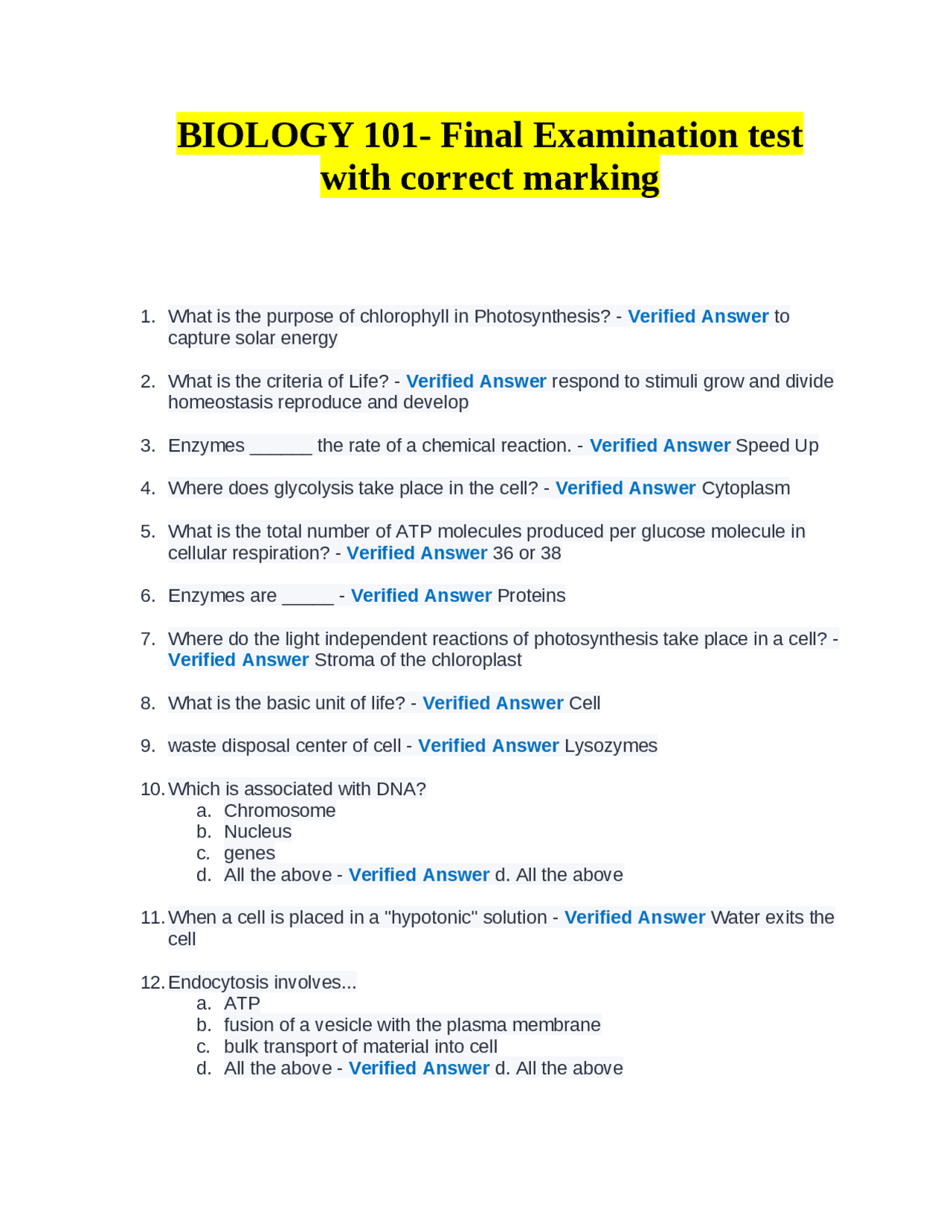 BIOLOGY 101- Final Examination test with correct marking | Exams ...