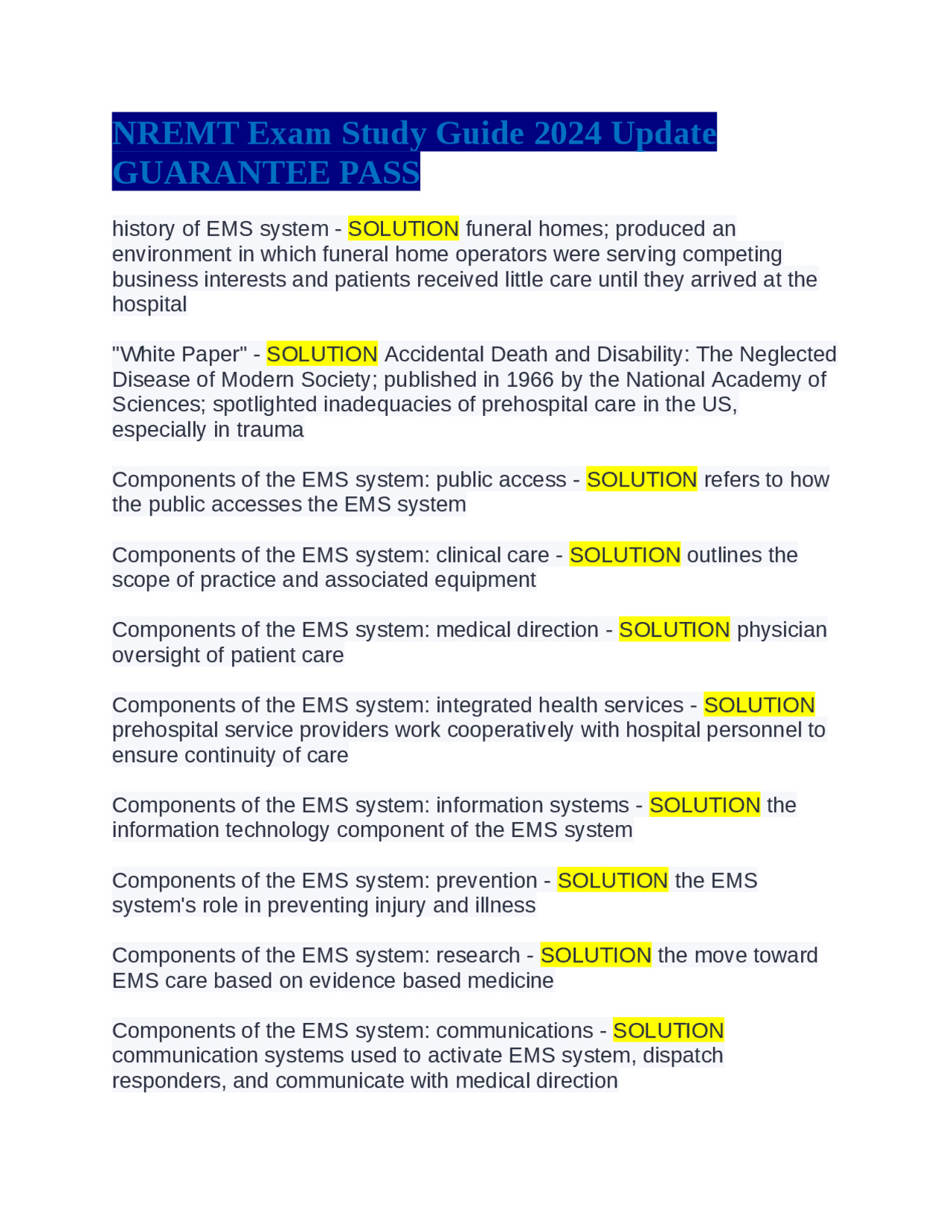 NREMT Exam Study Guide 2024 Update GUARANTEE PASS | Exams Nursing | Docsity