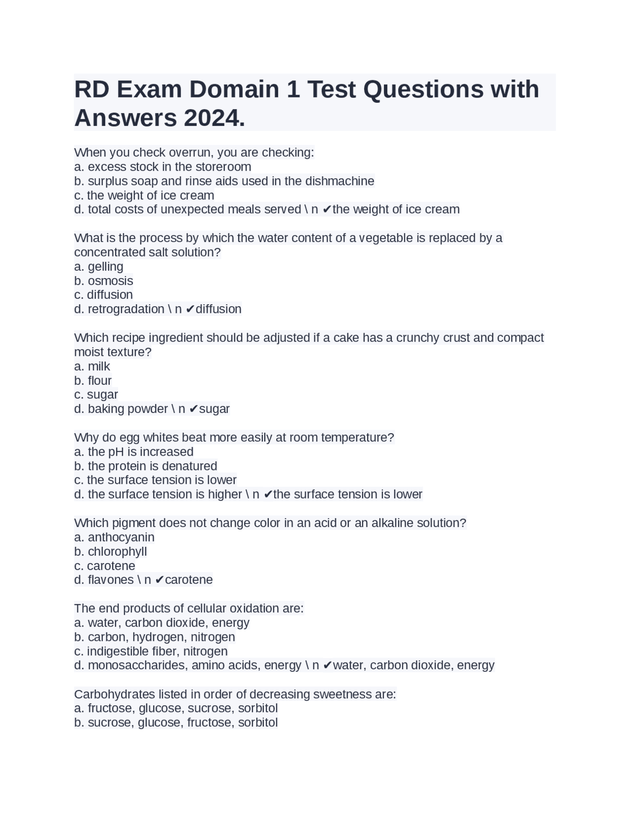RD Exam Domain 1 Test Questions with Answers 2024. | Exams Medicine ...