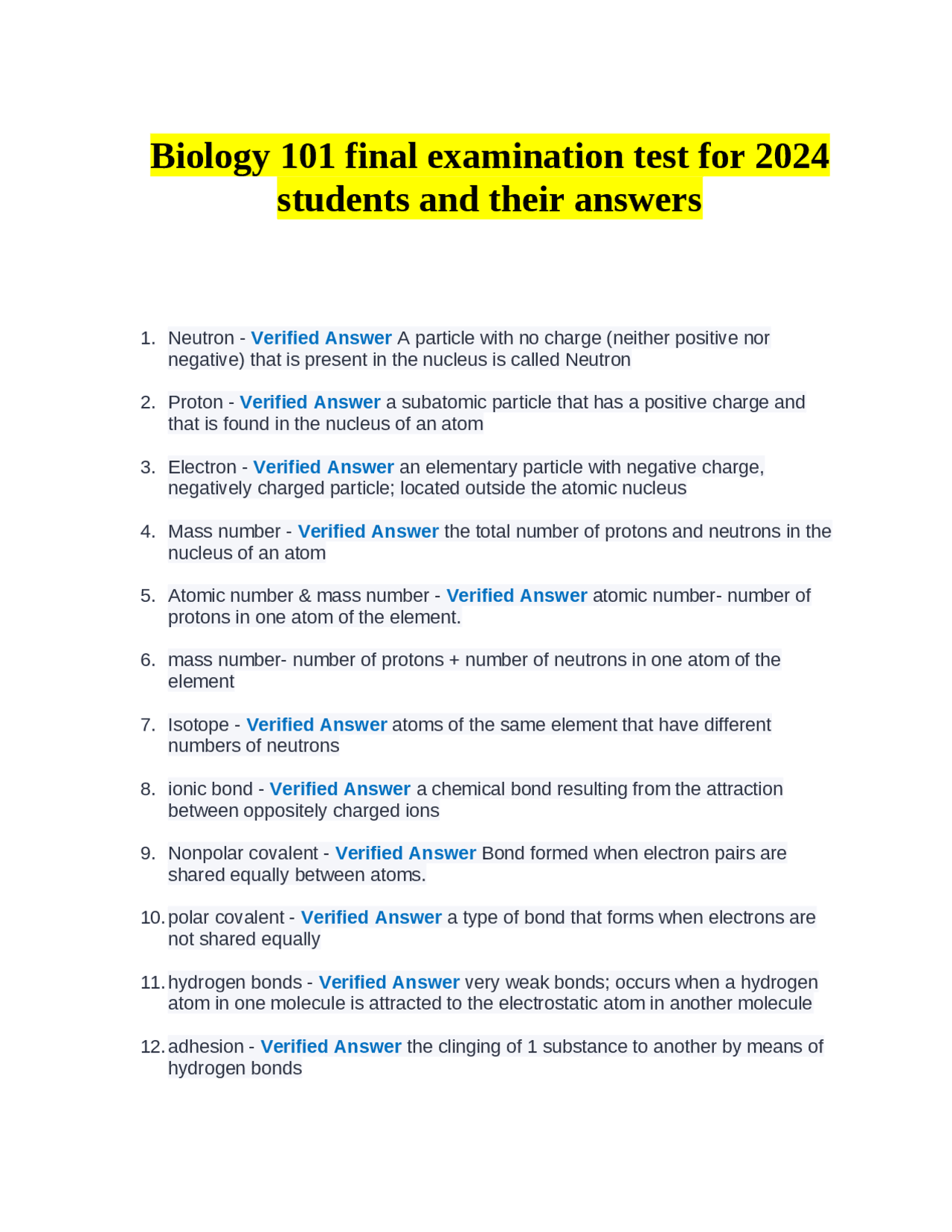 Biology 101 final examination test for 2024 students and their answers ...