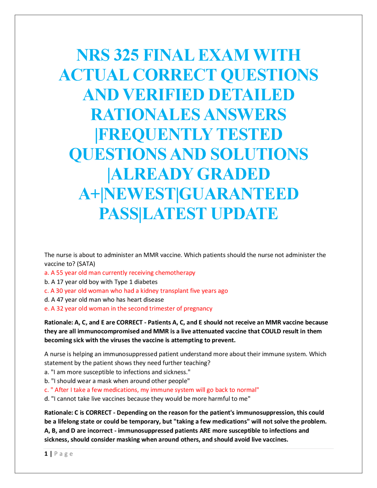 NRS 325 FINAL EXAM WITH ACTUAL CORRECT QUESTIONS AND VERIFIED DETAILED RATIONALES ANSWE | Exams ...