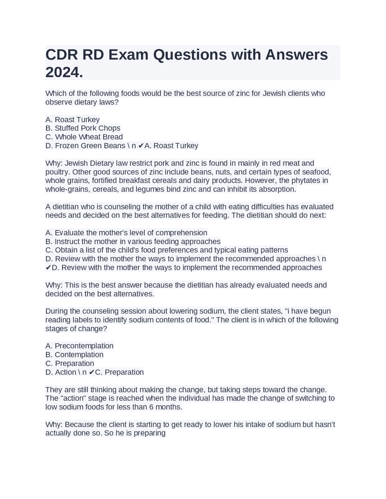 CDR RD Exam Questions with Answers 2024. | Exams Nursing | Docsity