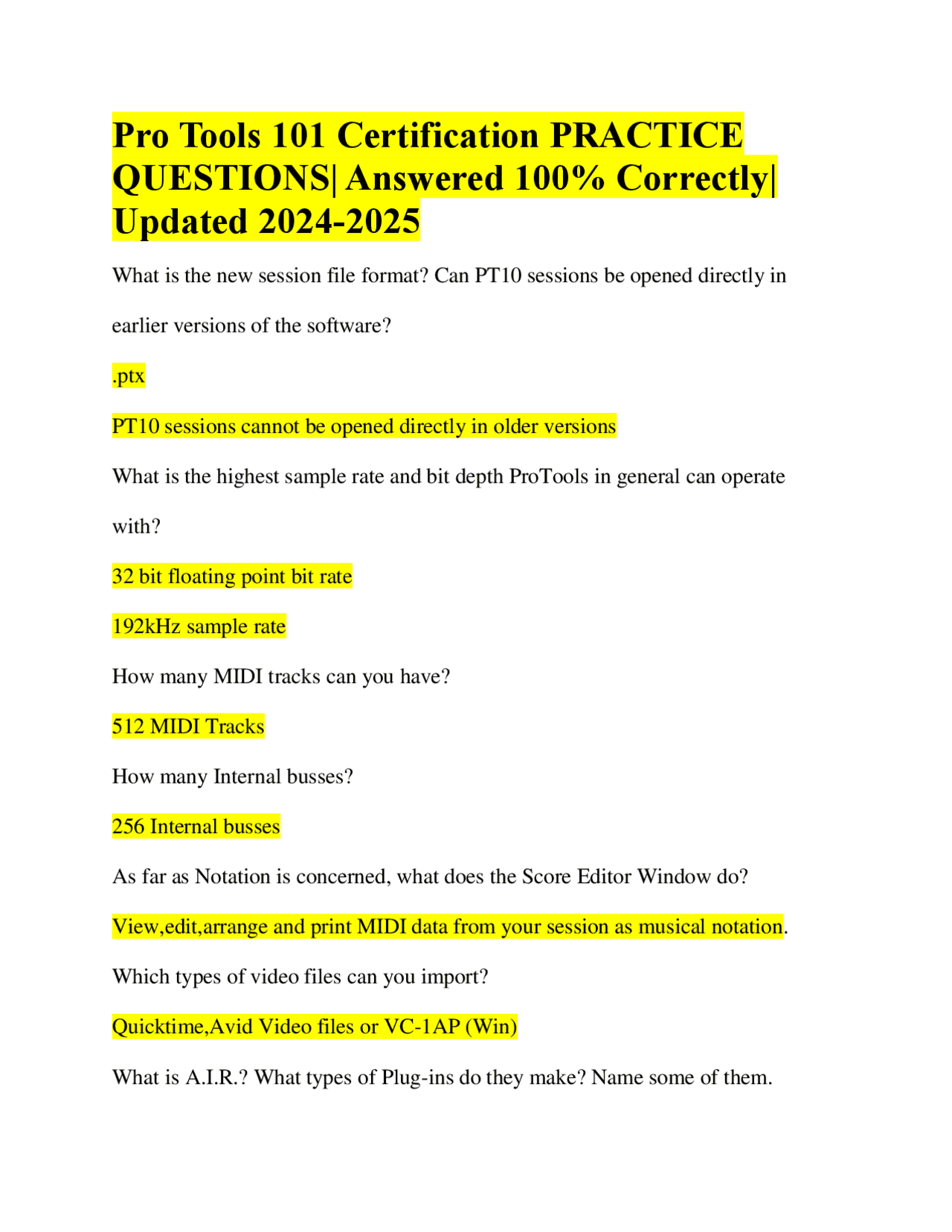 Pro Tools 101 Certification PRACTICE QUESTIONS| Answered 100% Correctly ...