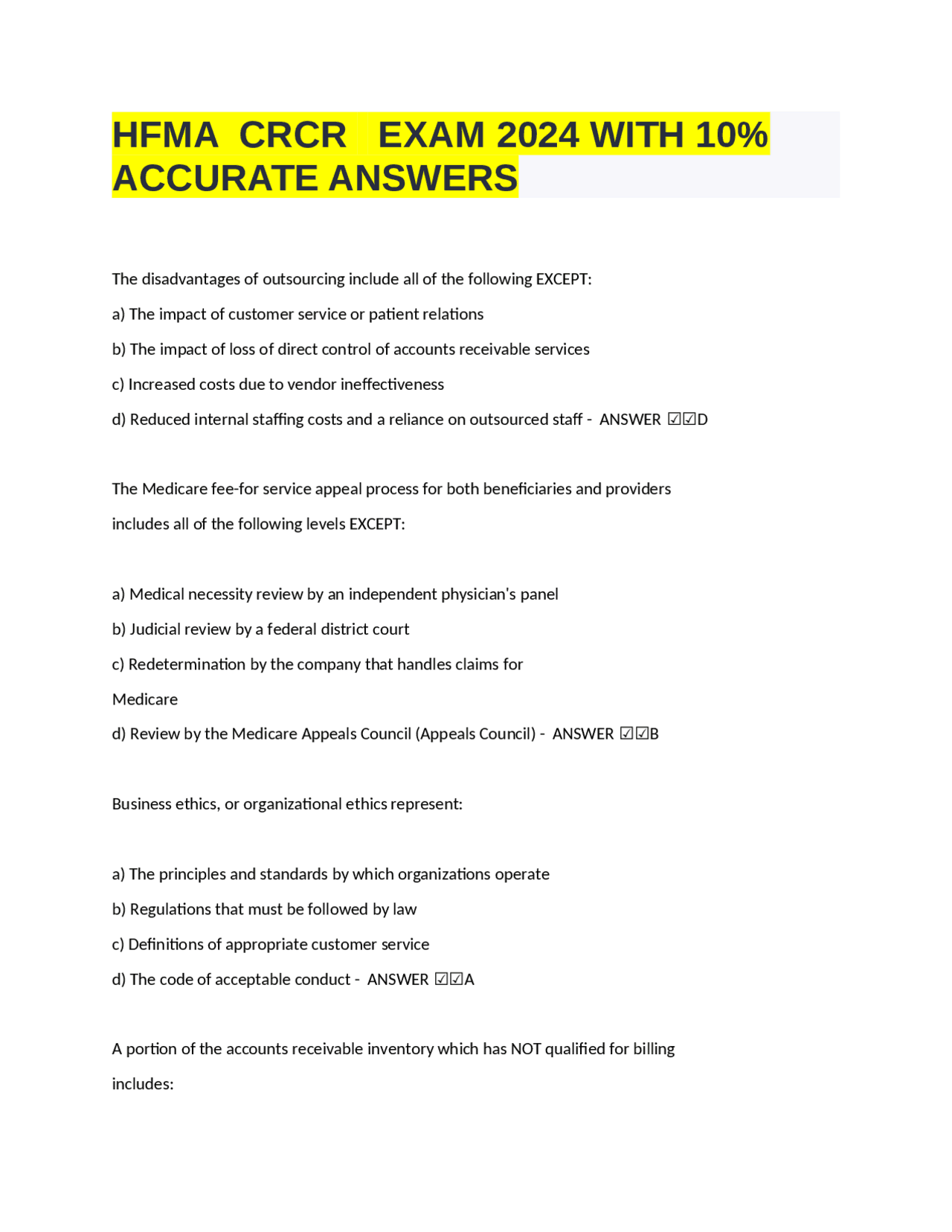 HFMA CRCR EXAM 2024 WITH 10% ACCURATE ANSWERS | Exams Nursing | Docsity