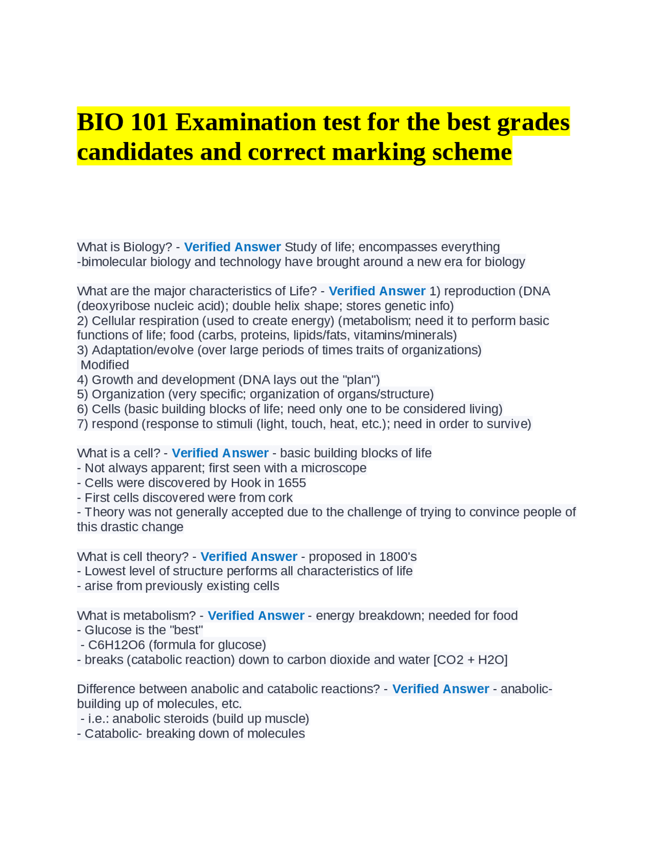 BIO 101 Examination test for the best grades candidates and correct ...