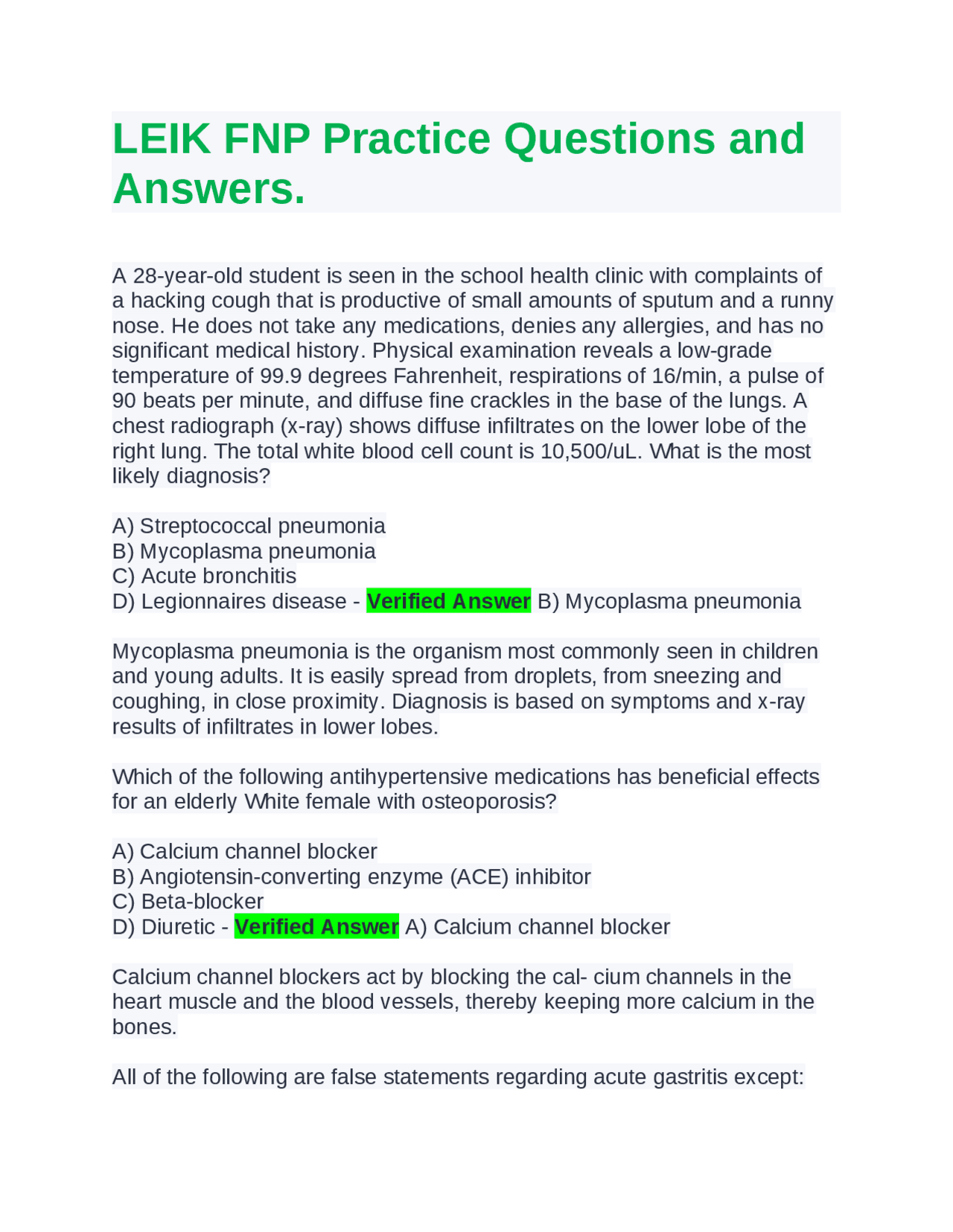 LEIK FNP Practice Questions and Answers. | Exams Nursing | Docsity