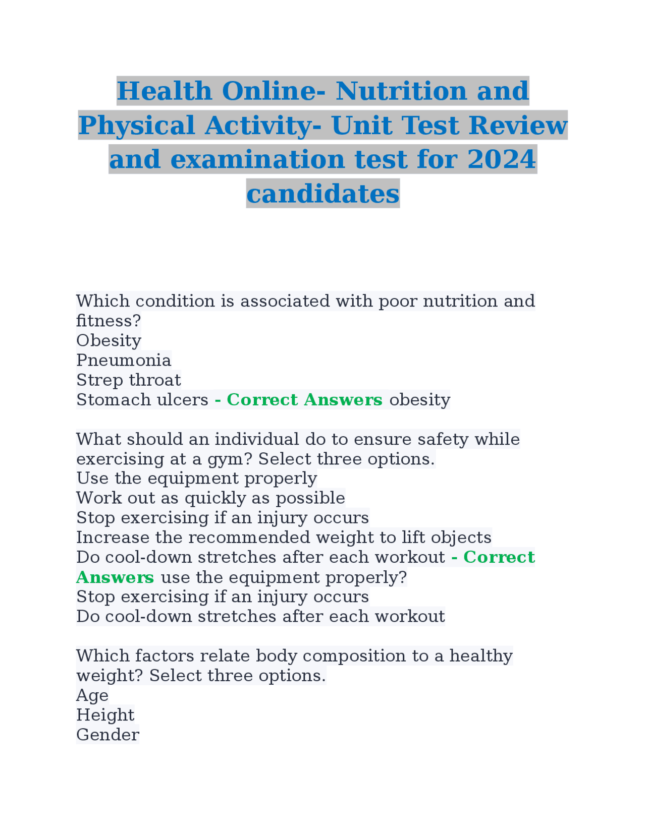 Health Online- Nutrition and Physical Activity- Unit Test Review and ...