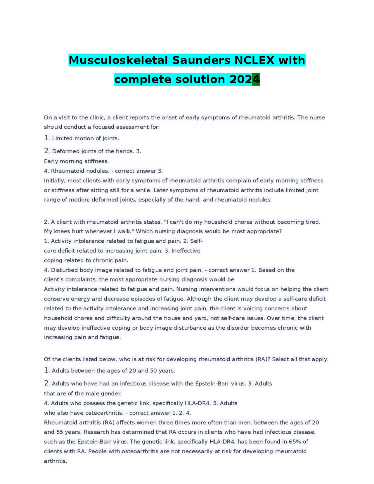 Musculoskeletal Saunders NCLEX with complete solution 2024 | Exams ...