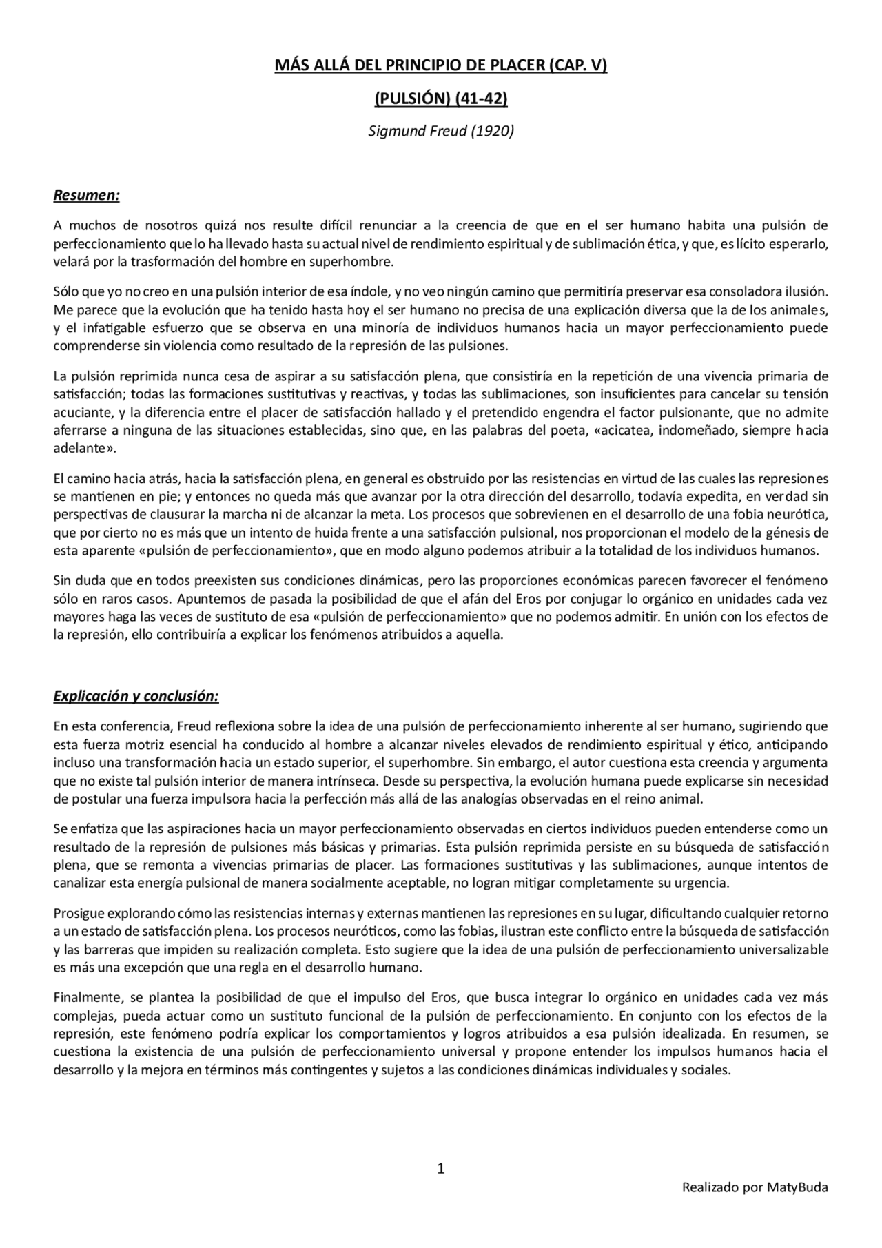 Resumen 'Más Allá del Principio de Placer (Cap. V) (Pulsión)' de Freud ...