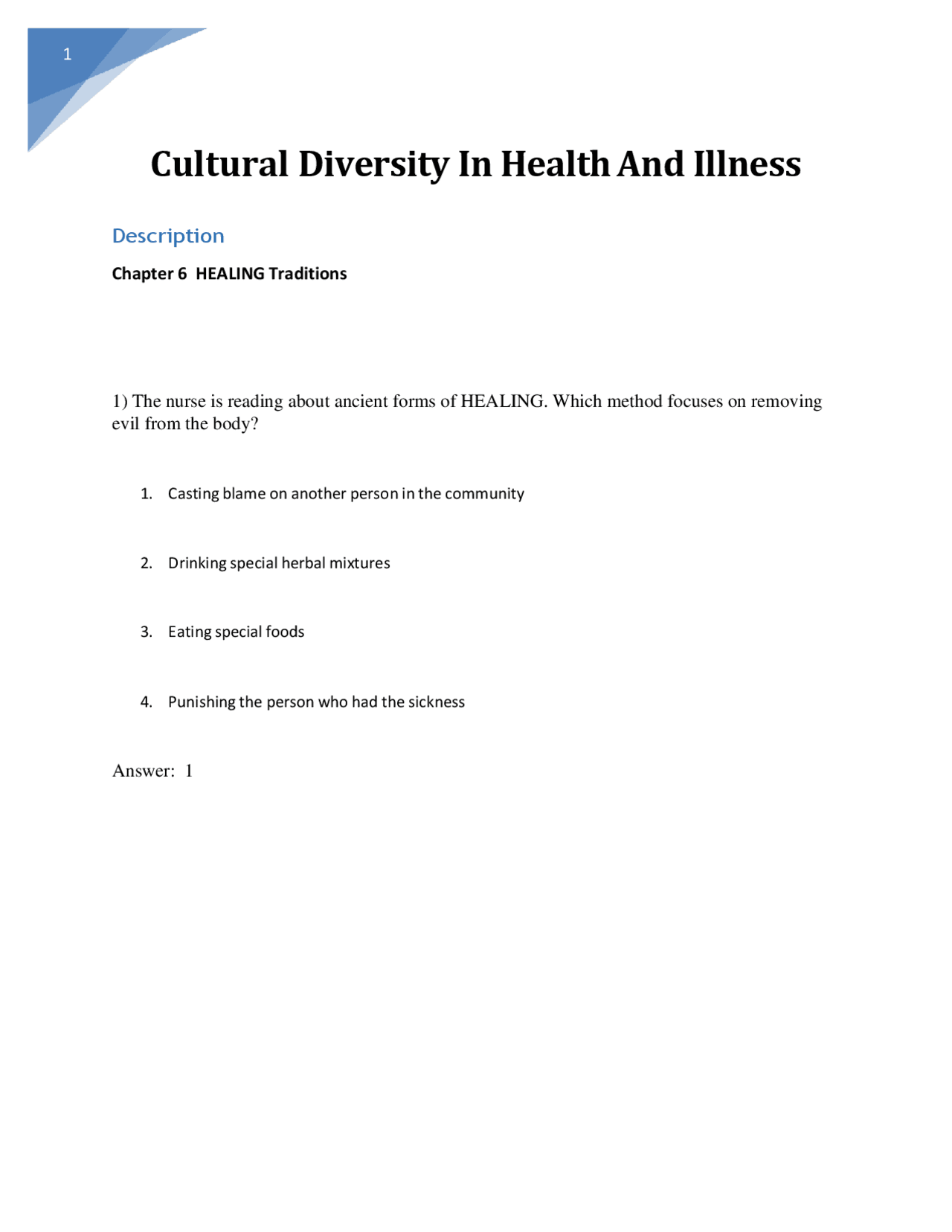 Cultural Diversity In Health And Illness Exam | Exams Nursing | Docsity