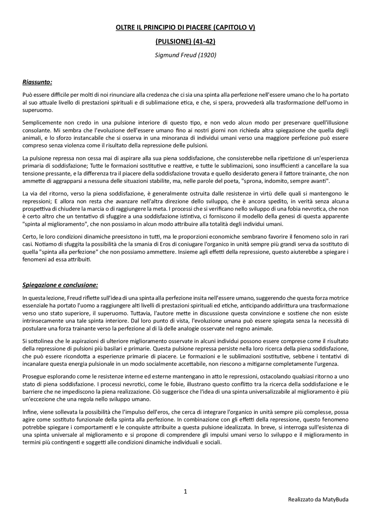 Riassunto 'Oltre il principio di piacere (Cap. V) (Pulsione)' di Freud ...