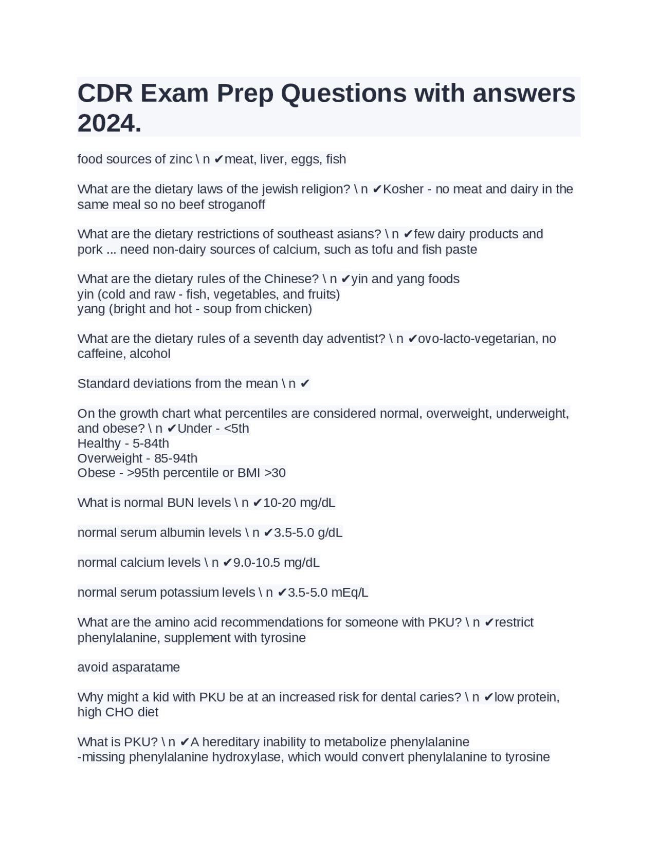 CDR Exam Prep Questions with answers 2024. | Exams Medicine | Docsity