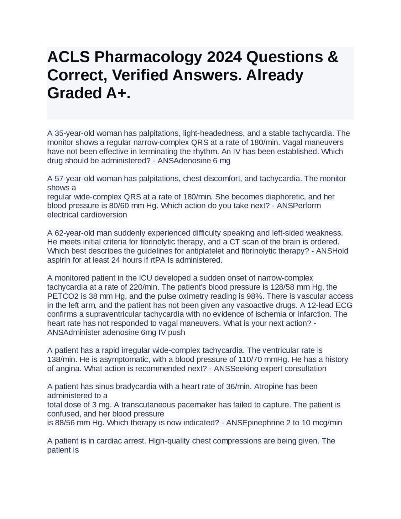 ACLS Pharmacology 2024 Questions & Correct, Verified Answers. Already ...