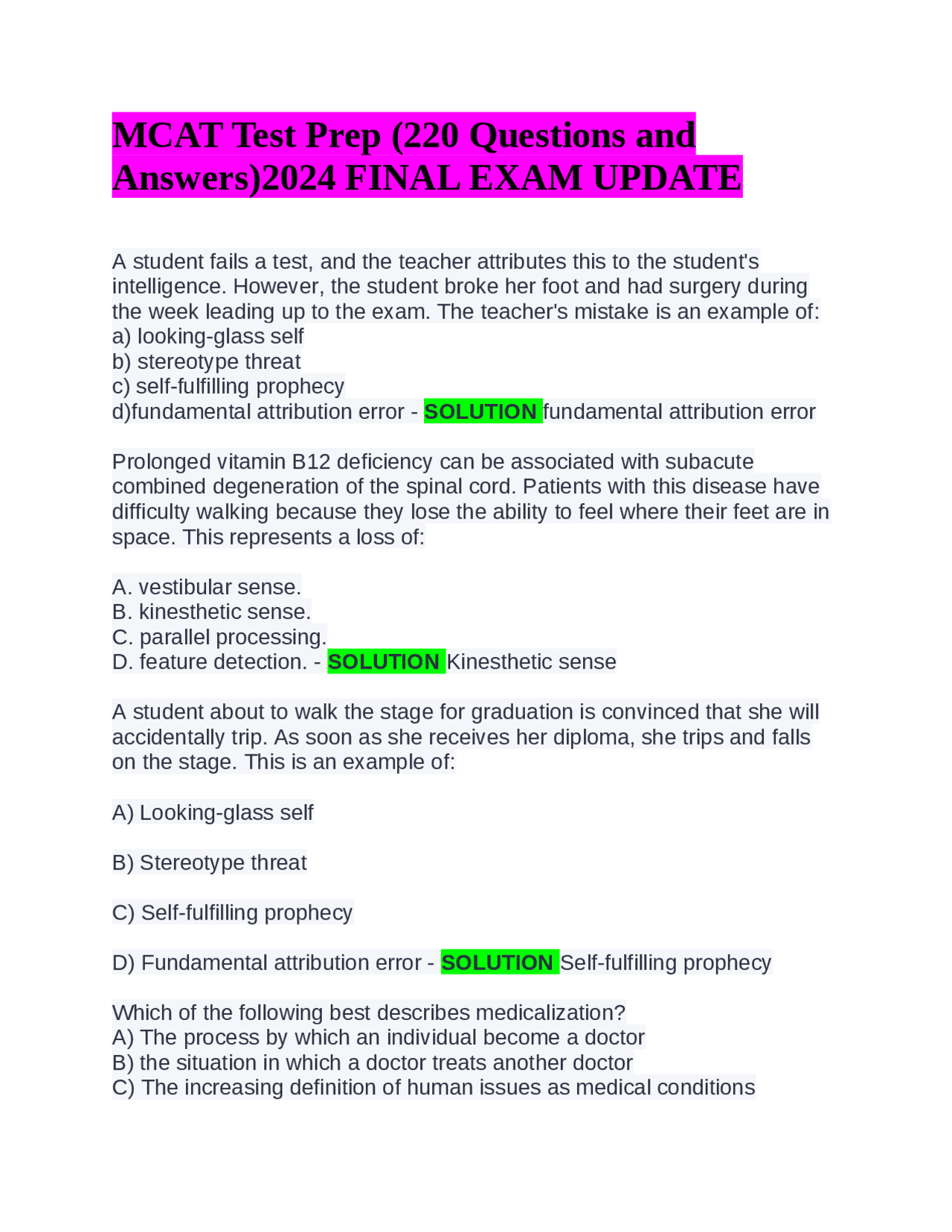 MCAT Test Prep (220 Questions and Answers)2024 FINAL EXAM UPDATE ...