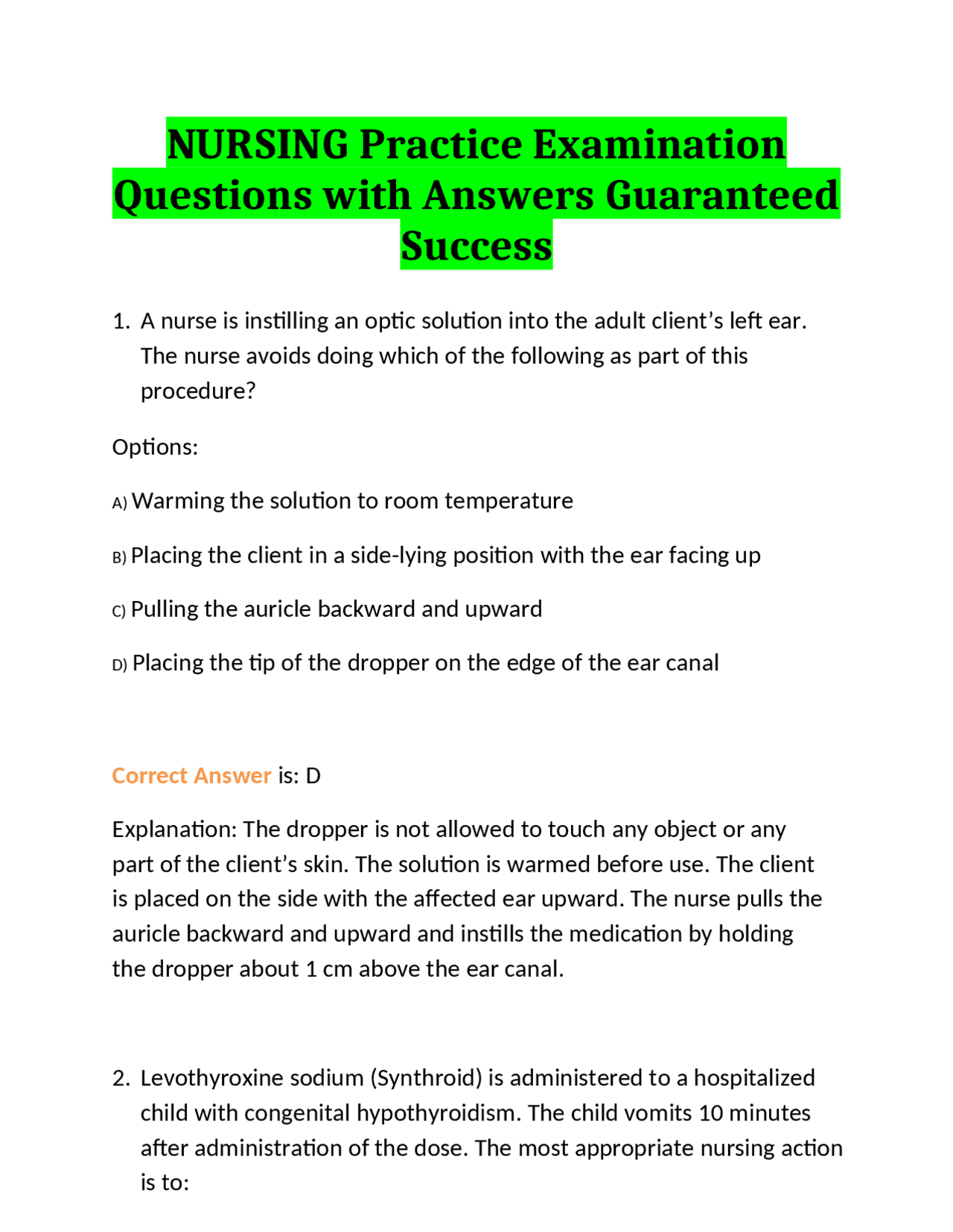 NURSING Practice Examination Questions with Answers Guaranteed Success ...
