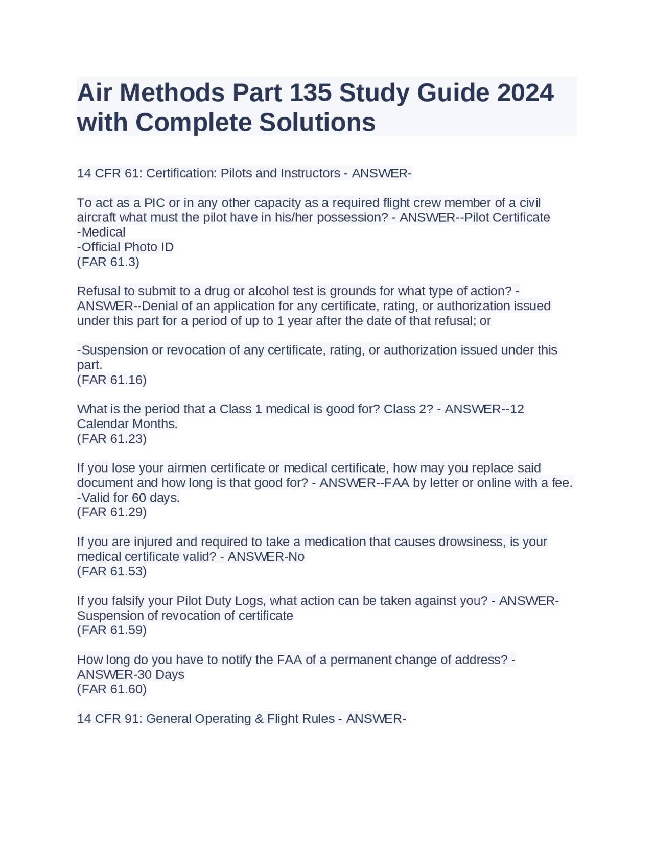 Air Methods Part 135 Study Guide 2024: Aviation Regulations and ...