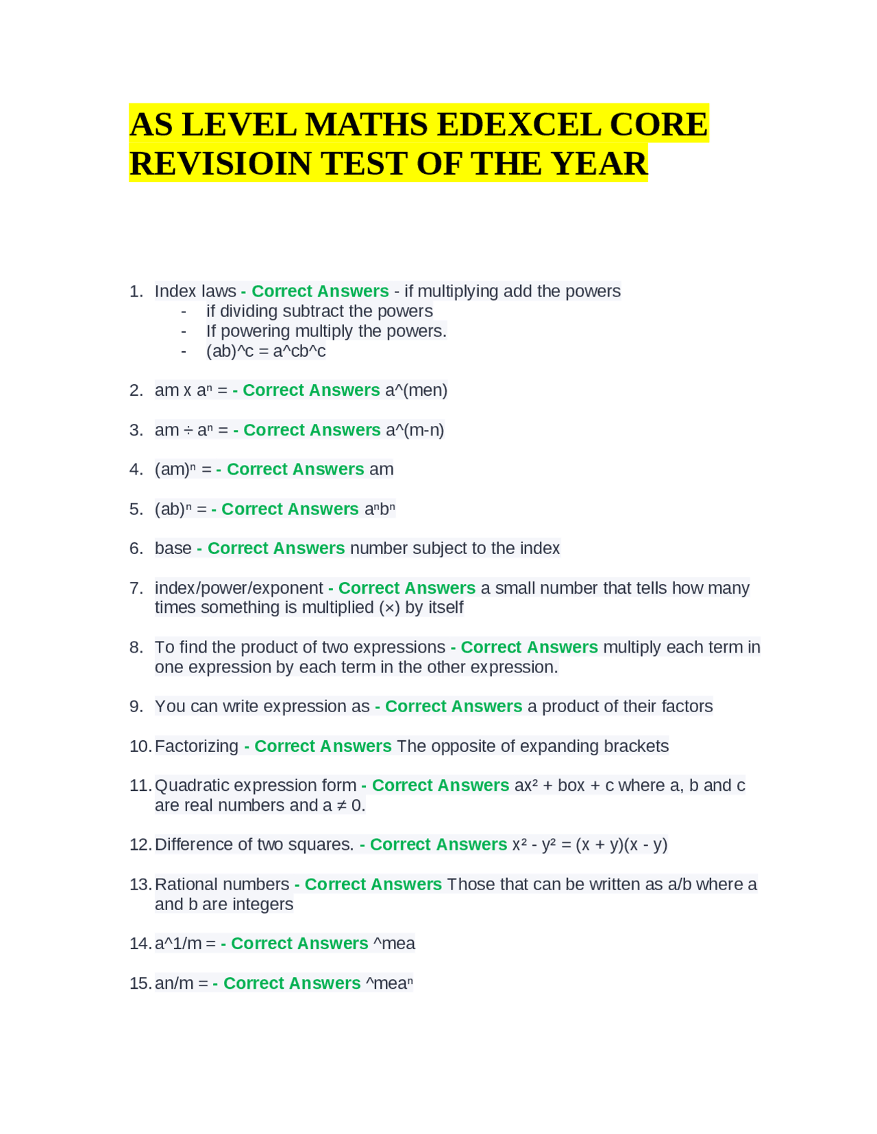 AS LEVEL MATHS EDEXCEL CORE REVISIOIN TEST OF THE YEAR | Exams ...